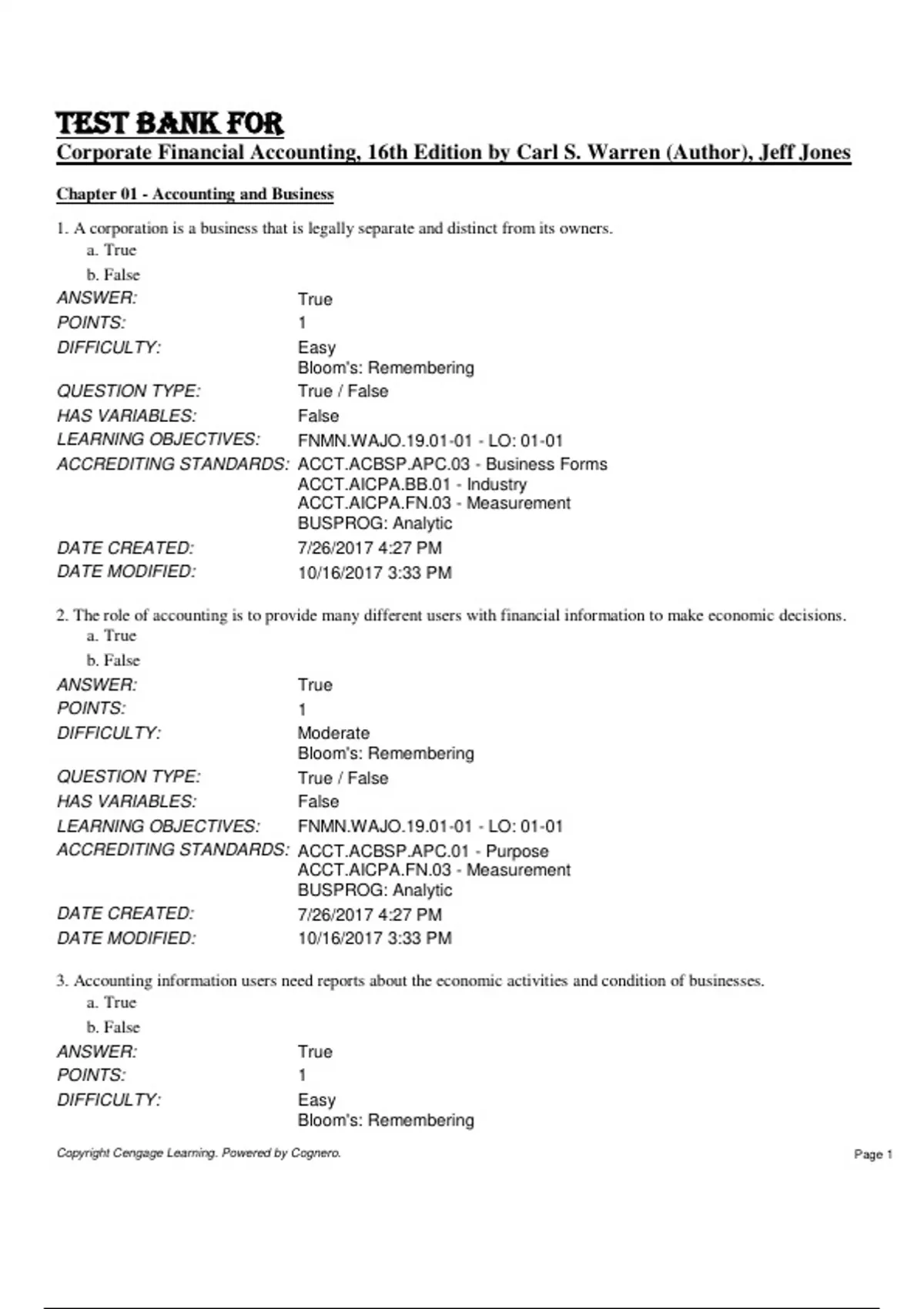 TEST BANK FOR Corporate Financial Accounting, 16th Edition by Carl S ...