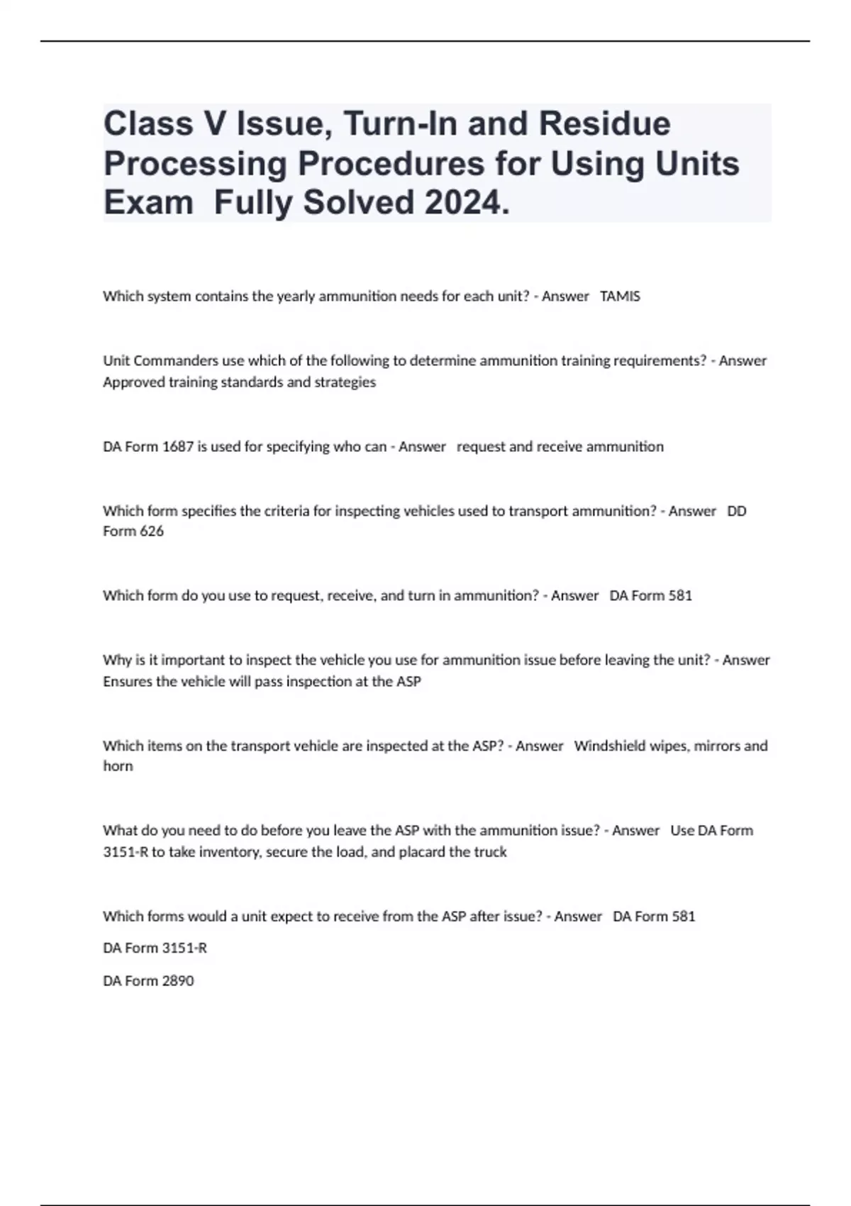 Class V Issue Turn In And Residue Processing Procedures For Using Units Exam Fully Solved 2024