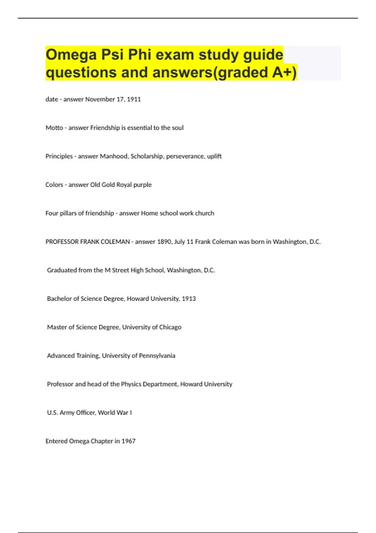 Omega Psi Phi exam study guide questions and answers(graded A+) 2024 ...