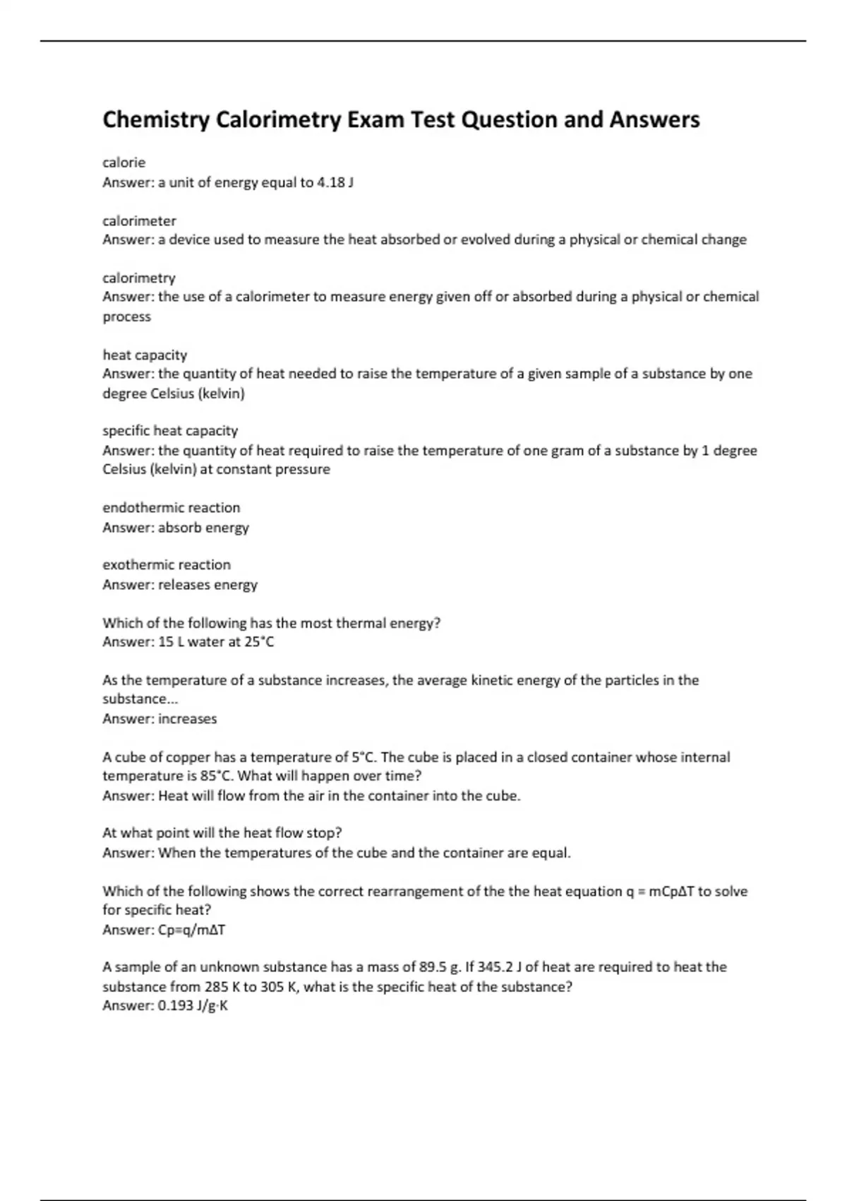 Chemistry Calorimetry Exam Test Question and Answers - Chemistry ...
