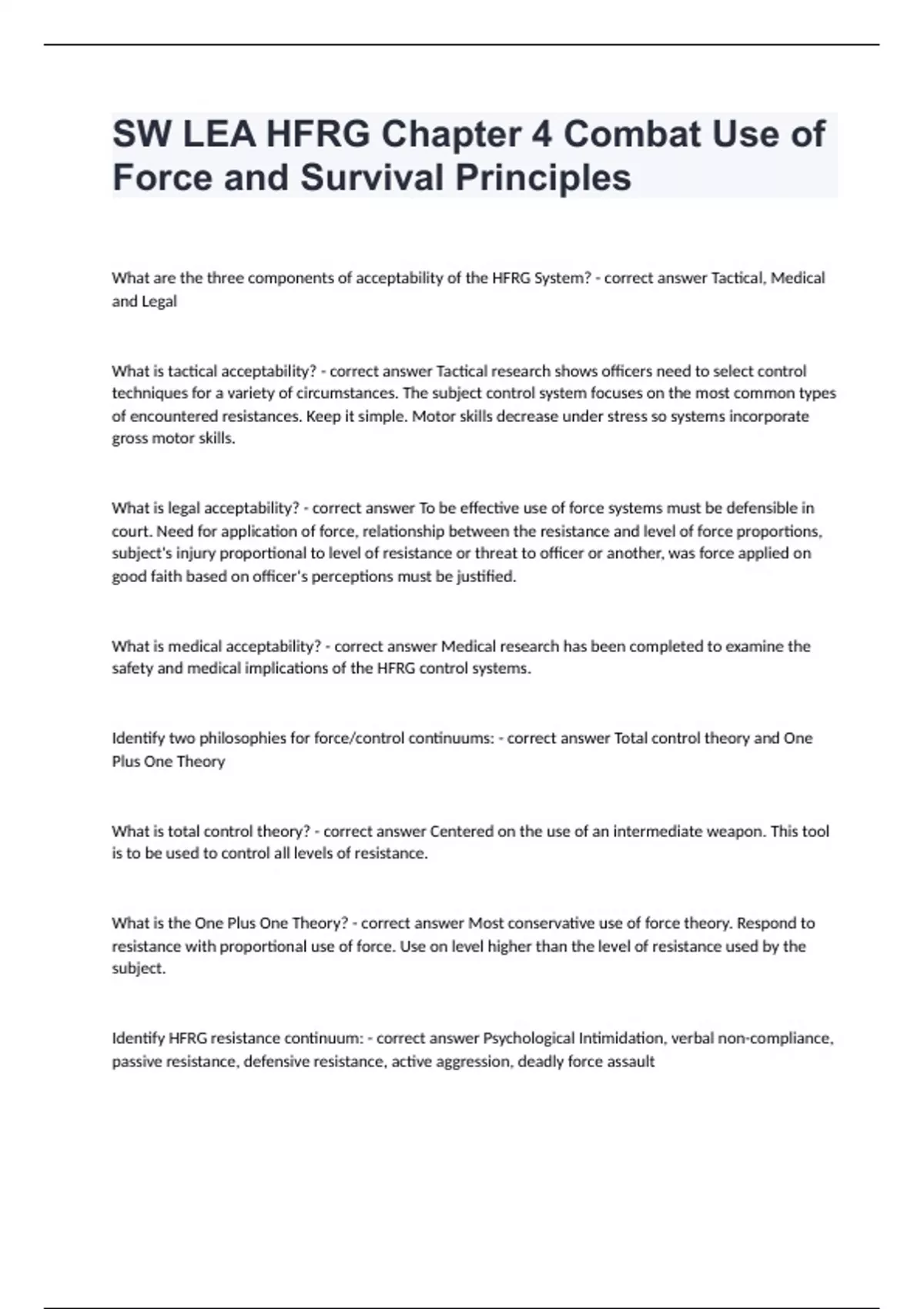 SW LEA HFRG Chapter 4 Combat Use of Force and Survival Principles Question and answers 100% ...