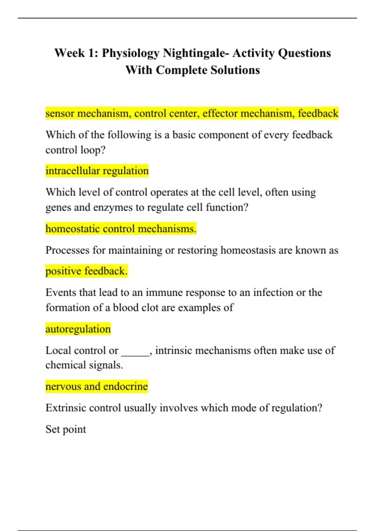Week 1: Physiology Nightingale- Activity Questions With Complete ...