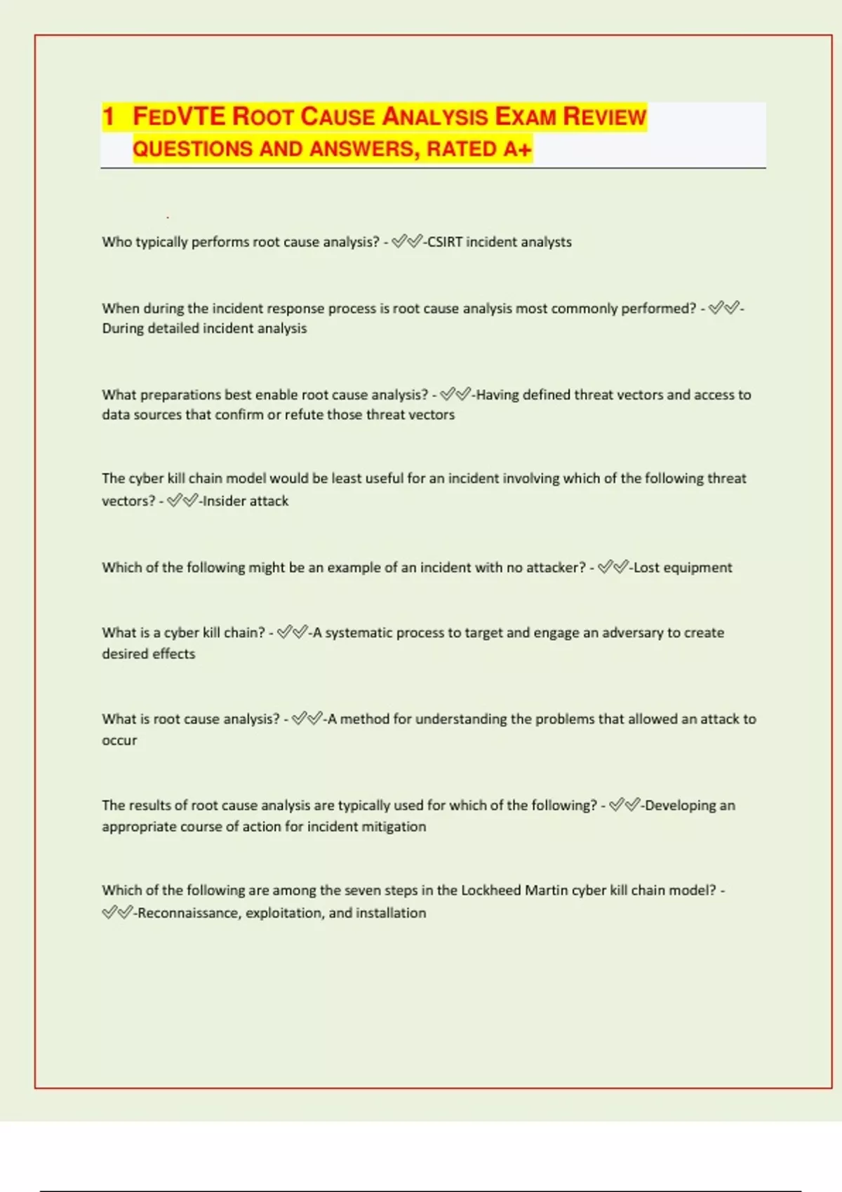 FEDVTE ROOT CAUSE ANALYSIS EXAM REVIEW QUESTIONS AND ANSWERS, RATED A+ ...