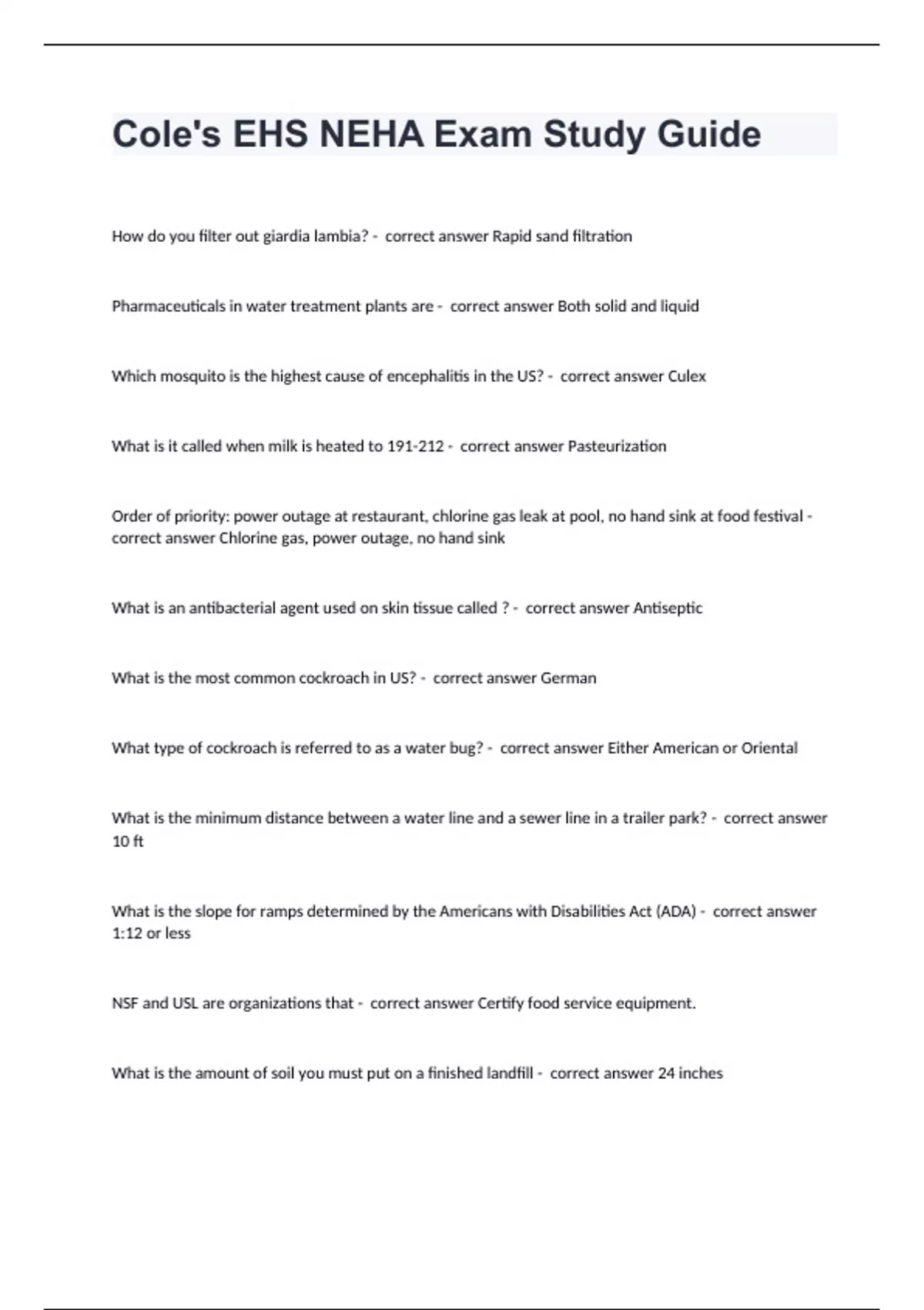Cole's EHS NEHA Exam Study Guide questions with answers 2024/2025 - REHS - Stuvia US