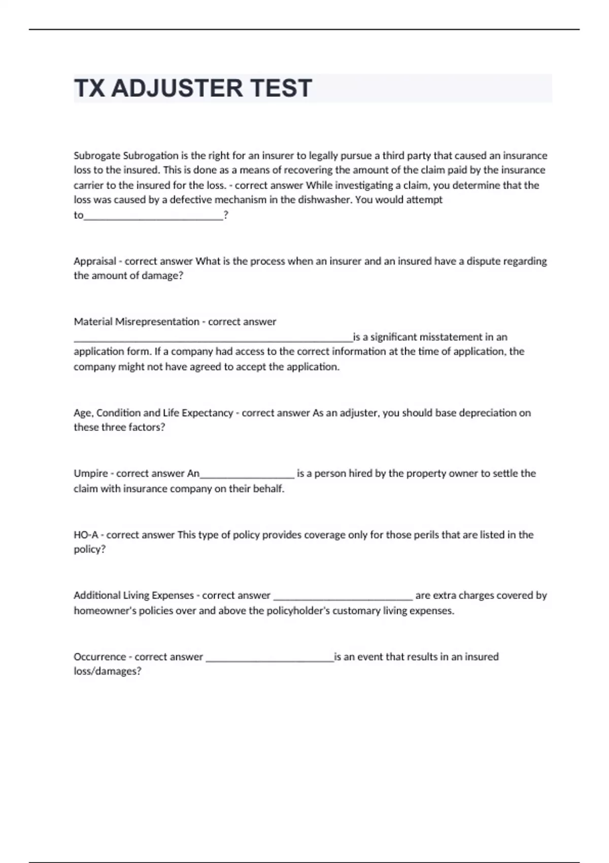 TX ADJUSTER TEST questions with correct answers 2024/2025 - Texas all ...