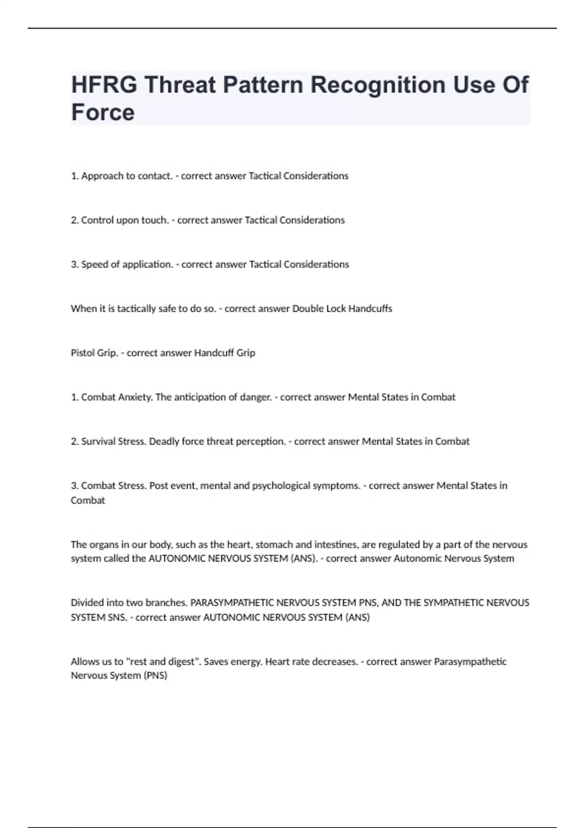 HFRG Threat Pattern Recognition Use Of Force- Question and answers 100% ...