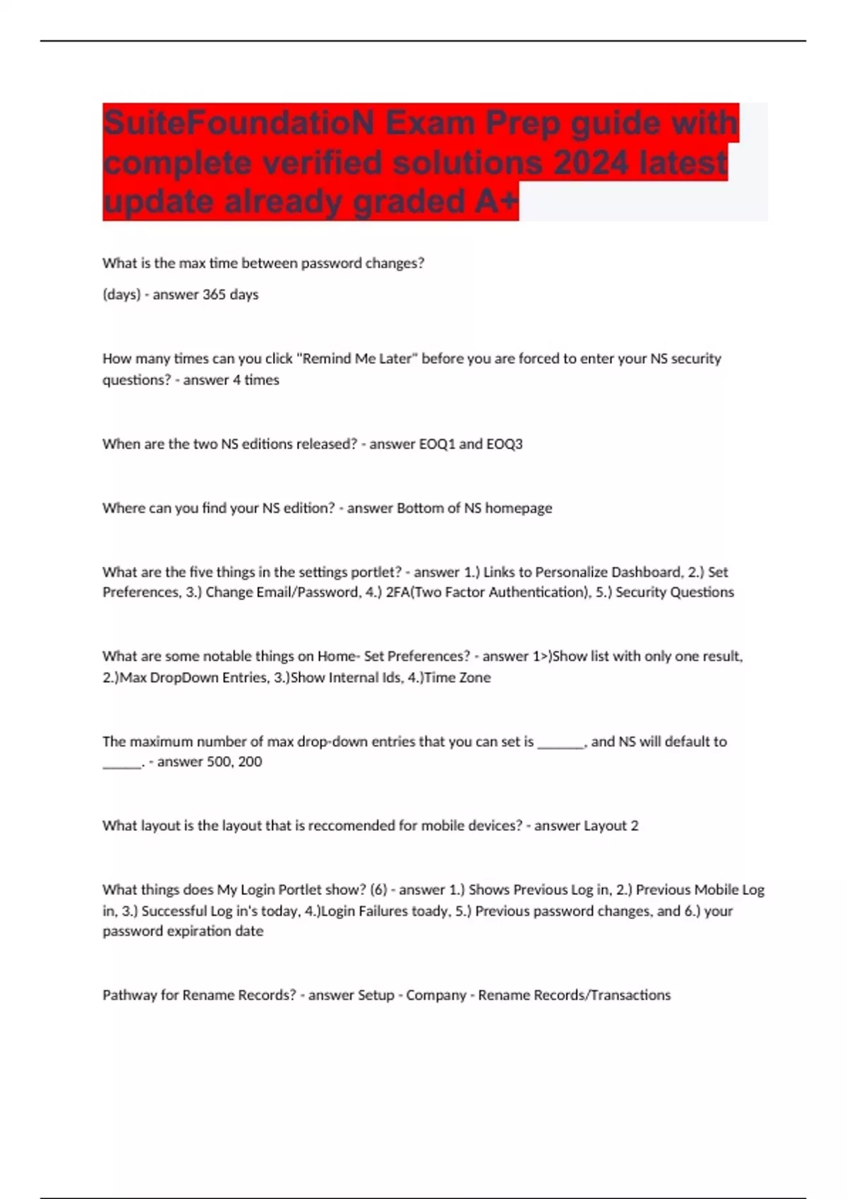 SuiteFoundatioN Exam Prep guide with complete verified solutions 2024 ...