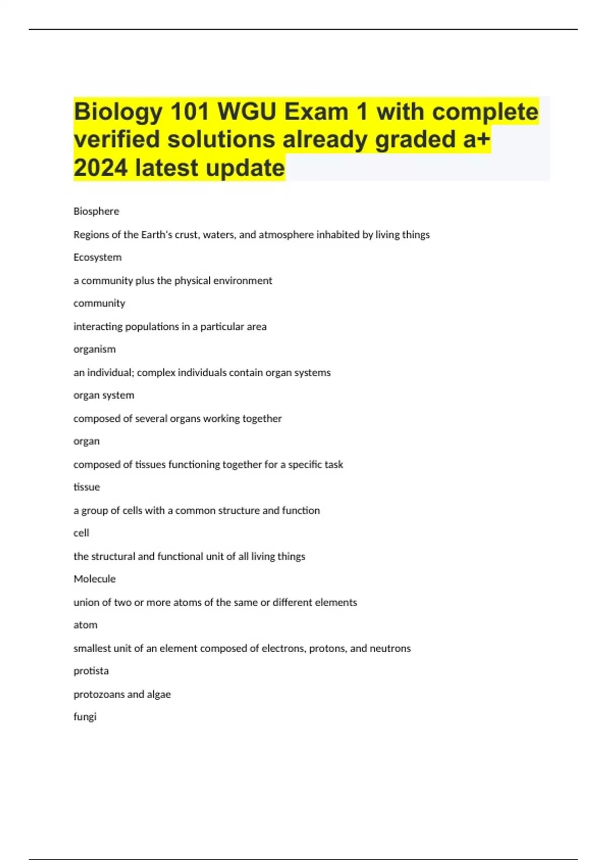 Biology 101 WGU Exam 1 with complete verified solutions already graded ...