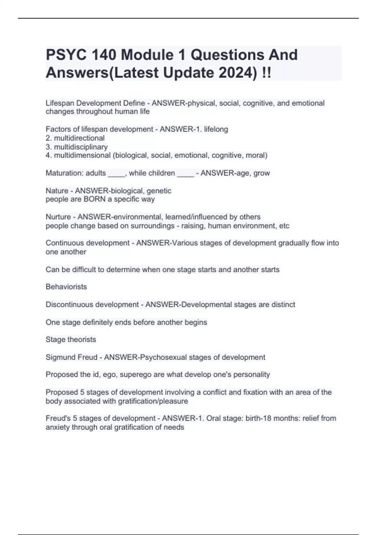 PSYC 140 Module 1 Questions And Answers(Latest Update 2024) !! - PSYC ...