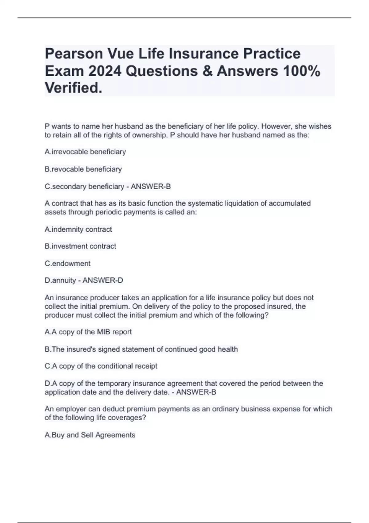 Pearson Vue Life Insurance Practice Exam 2024 Questions & Answers 100% ...