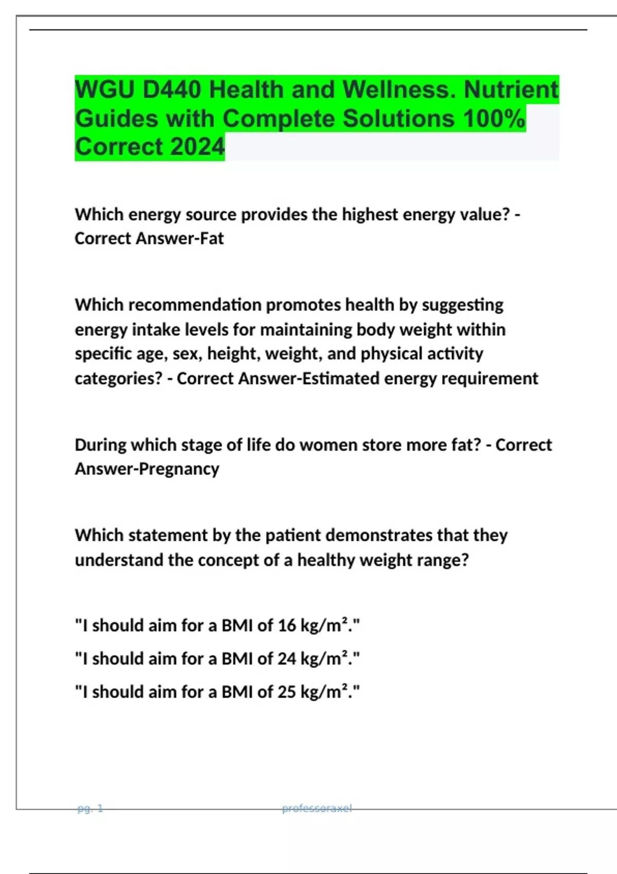 WGU D440 Health and Wellness. Nutrient Guides with Complete Solutions ...