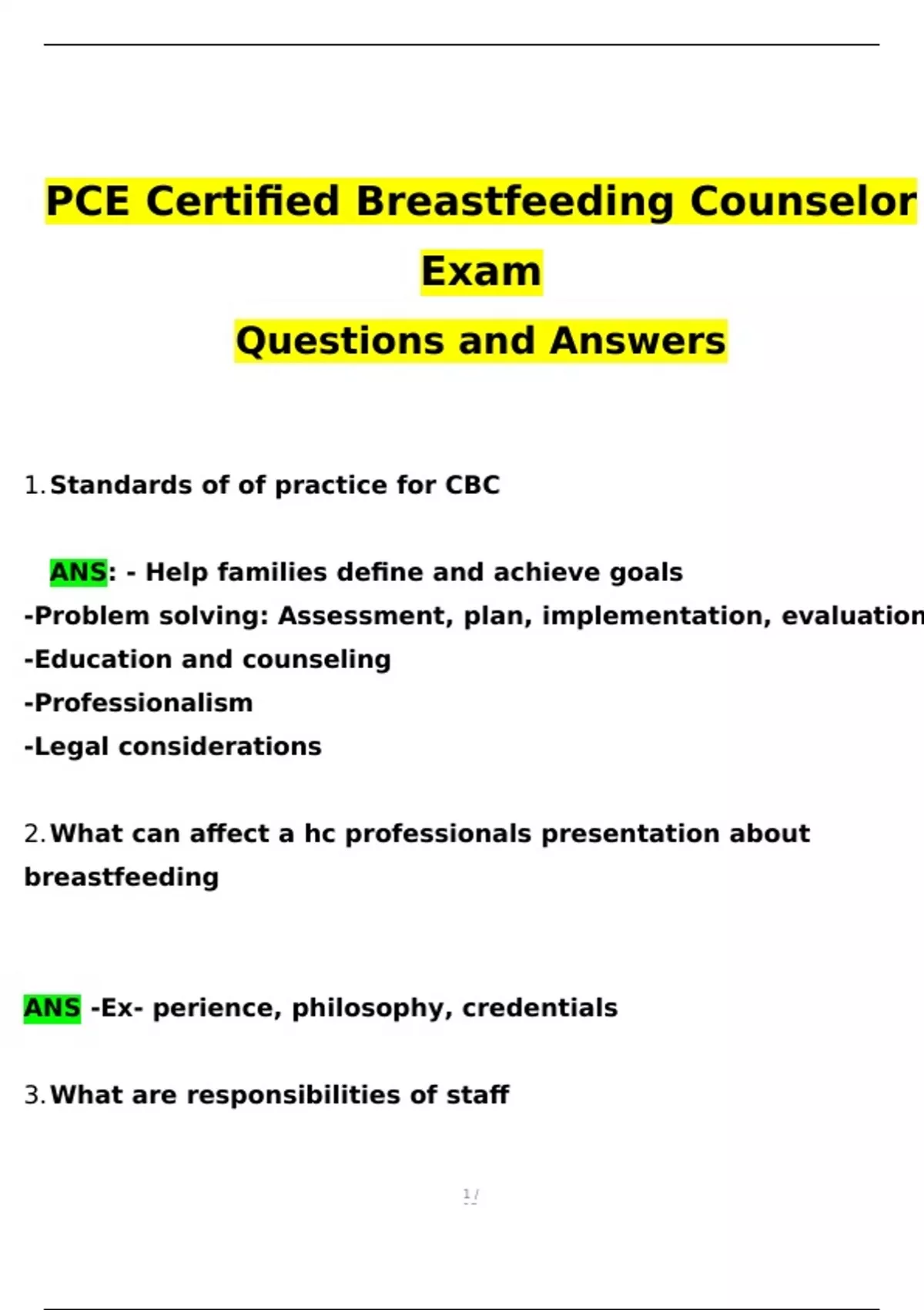 PCE Certified Breastfeeding Counselor Exam Questions and Answers (2024 / 2025) (Verified Answers ...