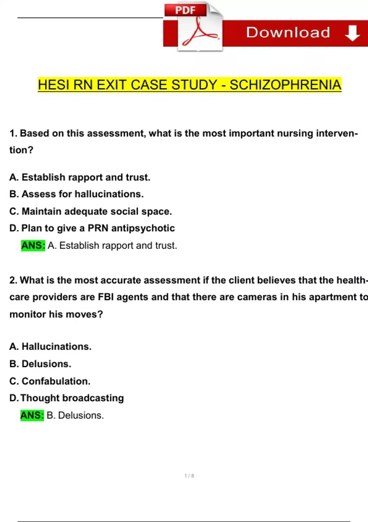 2024 HESI RN EXIT CASE STUDY: SCHIZOPHRENIA COMPLETE WITH NGN QUESTIONS ...