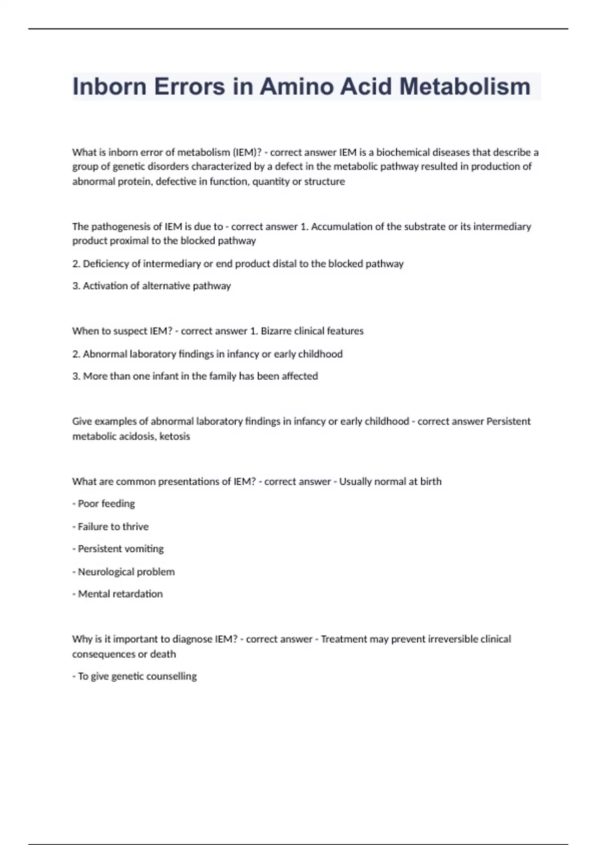 Inborn Errors in Amino Acid Metabolism Question and answers rated A+ ...