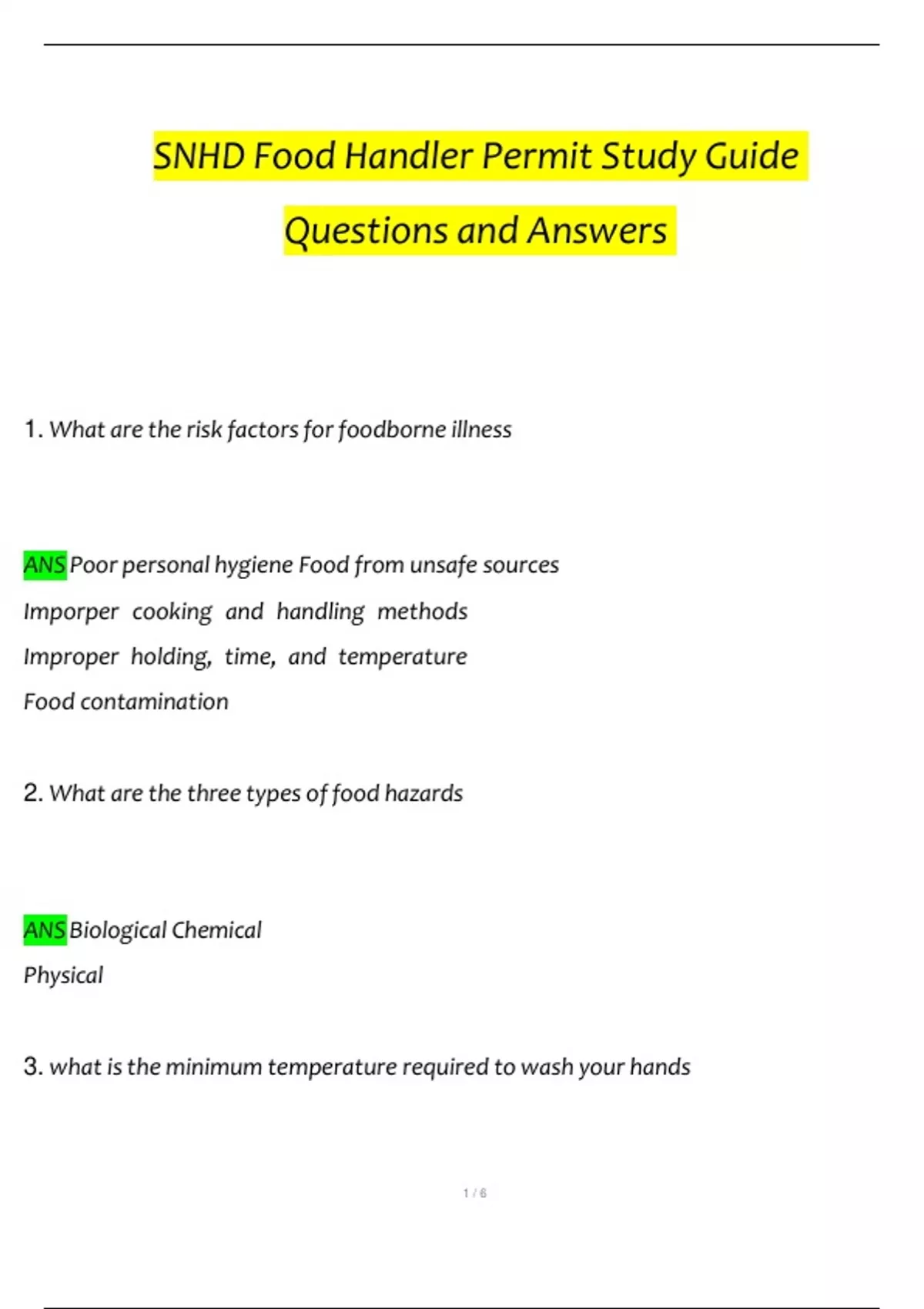 SNHD Food Handler Permit Study Guide Questions and Answers (2024 / 2025 ...
