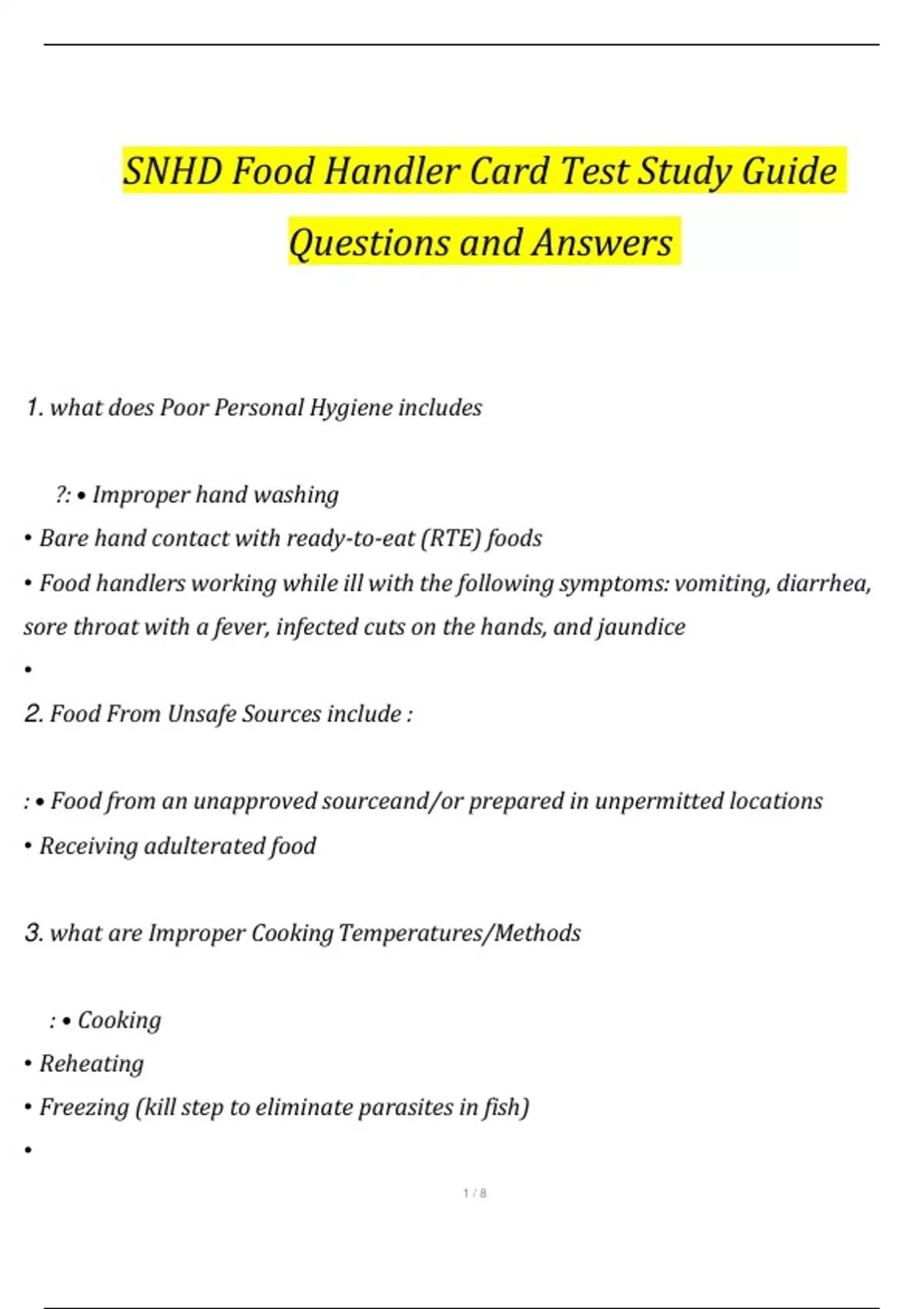 SNHD Food Handler Card Test Study Guide Questions and Answers (2024 / ...
