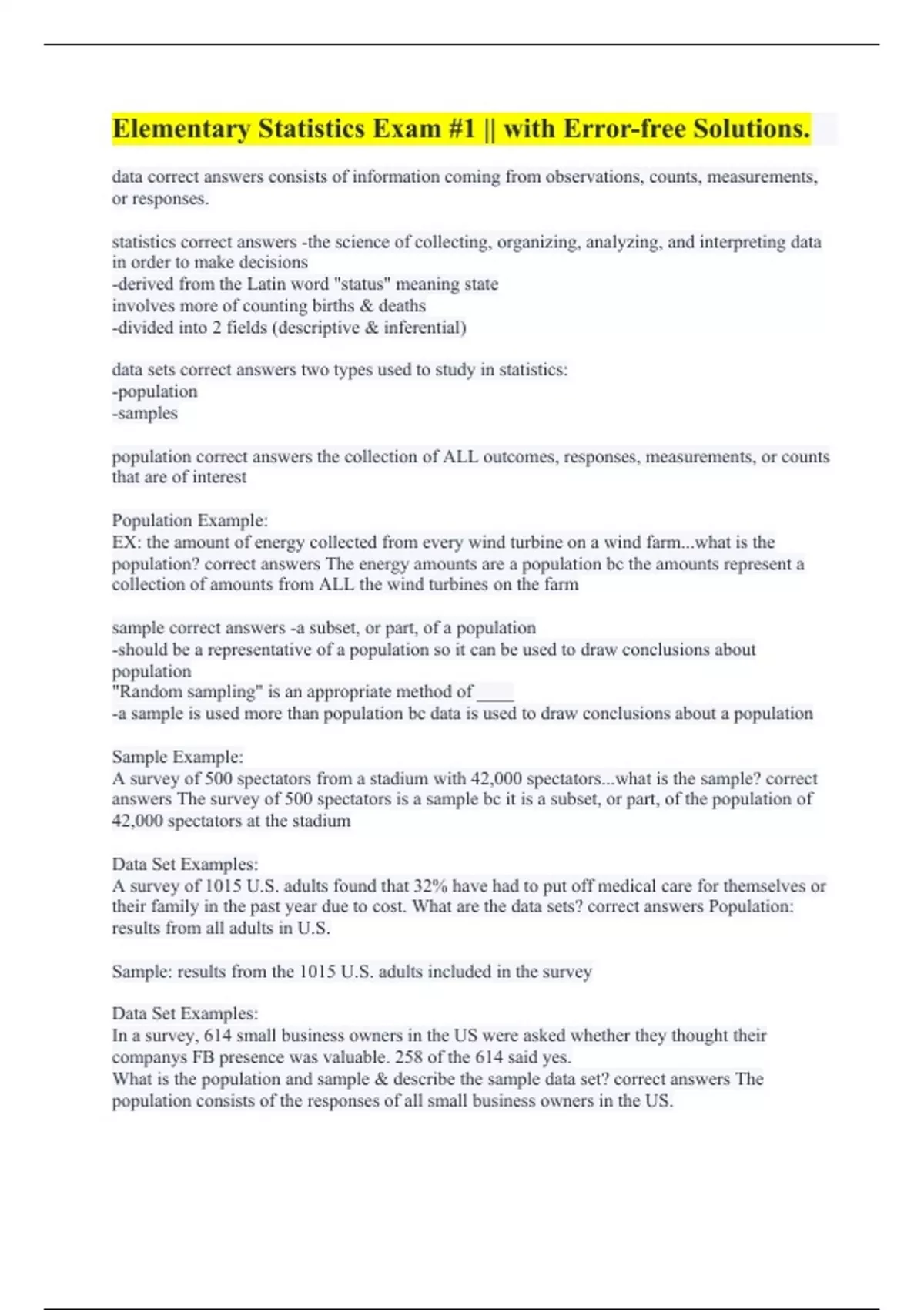 Elementary Statistics Exam #1 || with Error-free Solutions ...