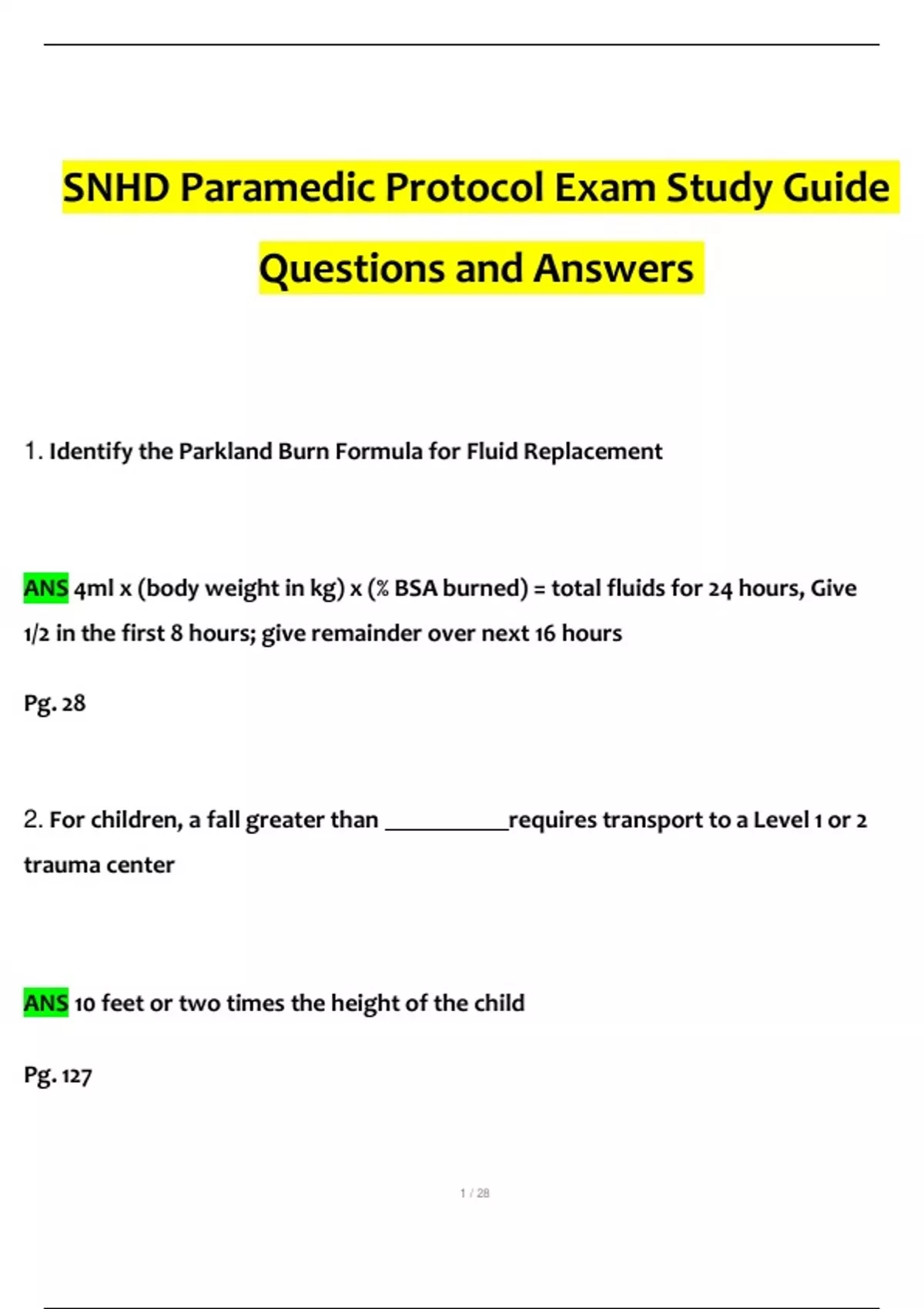SNHD Paramedic Protocol Exam Study Guide Questions and Answers (2024 / ...
