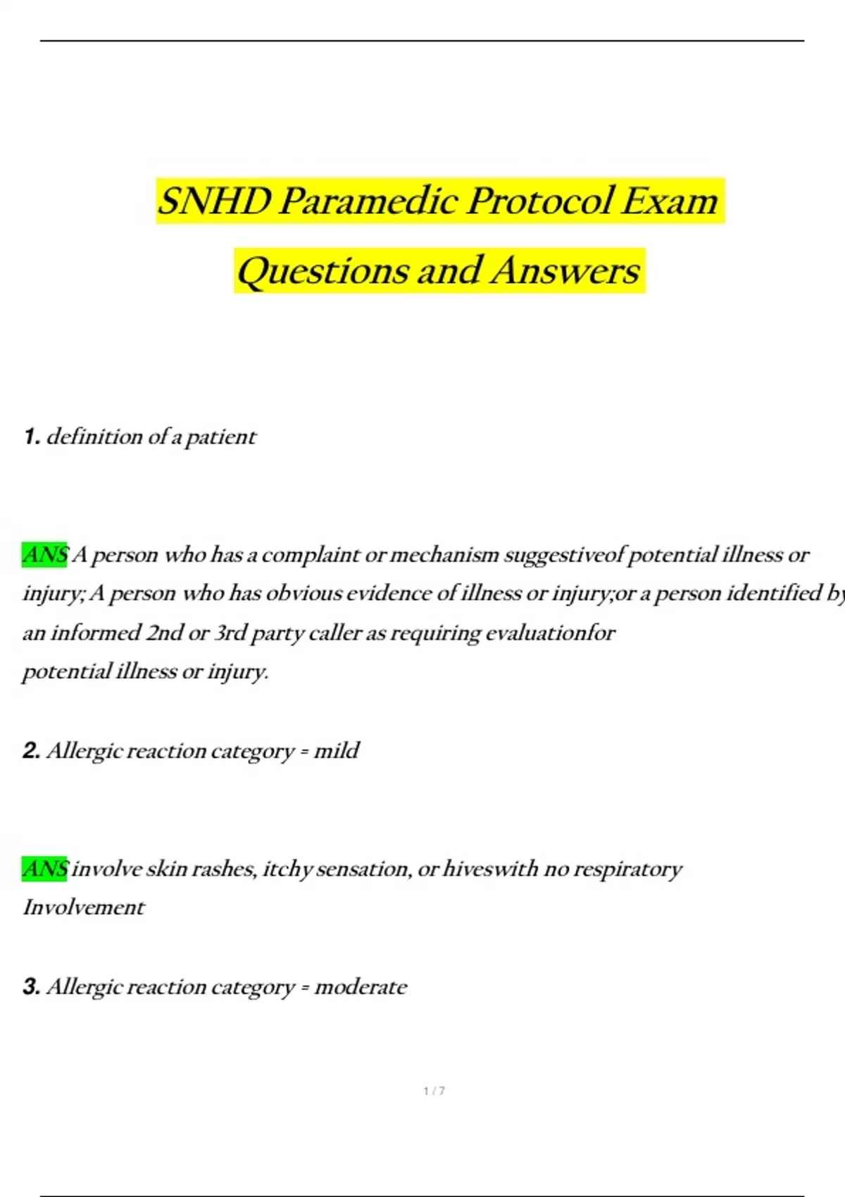 SNHD Paramedic Protocol Exam Questions and Answers (2024 / 2025 ...