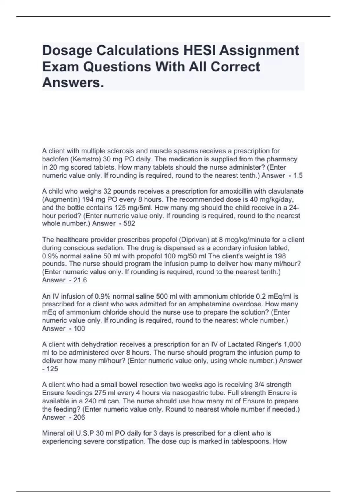 Dosage Calculations HESI Assignment Exam Questions With All Correct ...