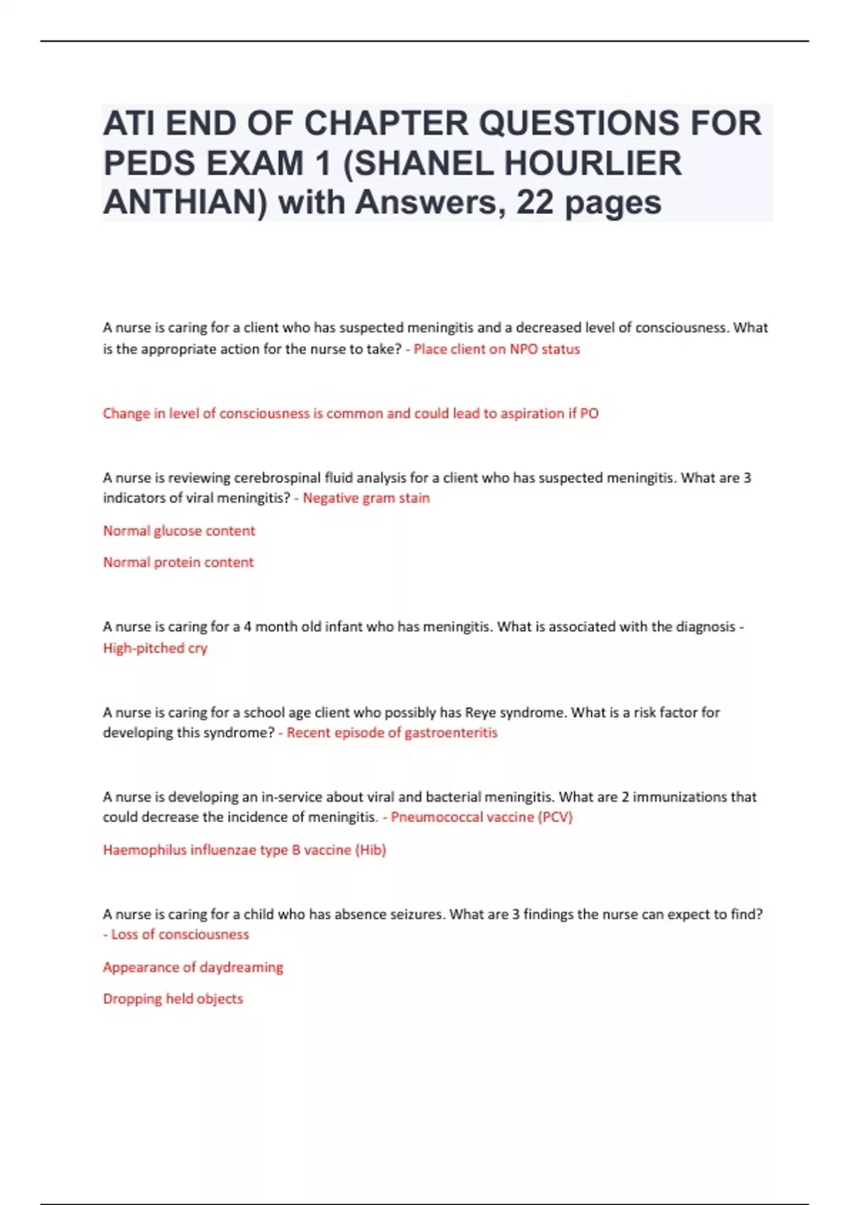 ATI END OF CHAPTER QUESTIONS FOR PEDS EXAM 1 (SHANEL HOURLIER ANTHIAN ...