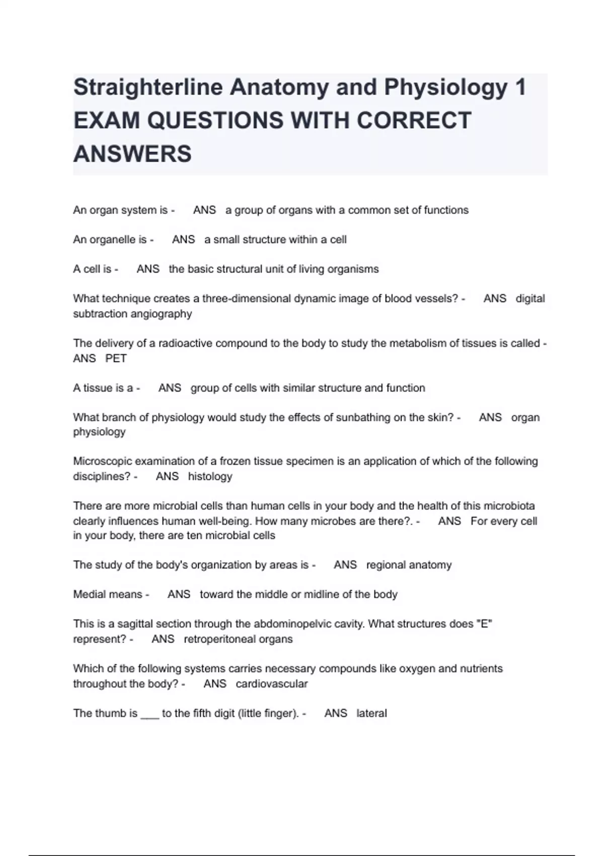 Straighterline Anatomy and Physiology 1 EXAM QUESTIONS WITH CORRECT ...