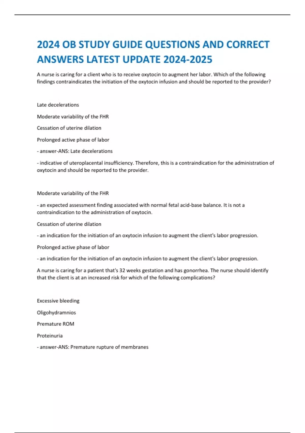 2024 OB STUDY GUIDE QUESTIONS AND CORRECT ANSWERS LATEST UPDATE - OB ...