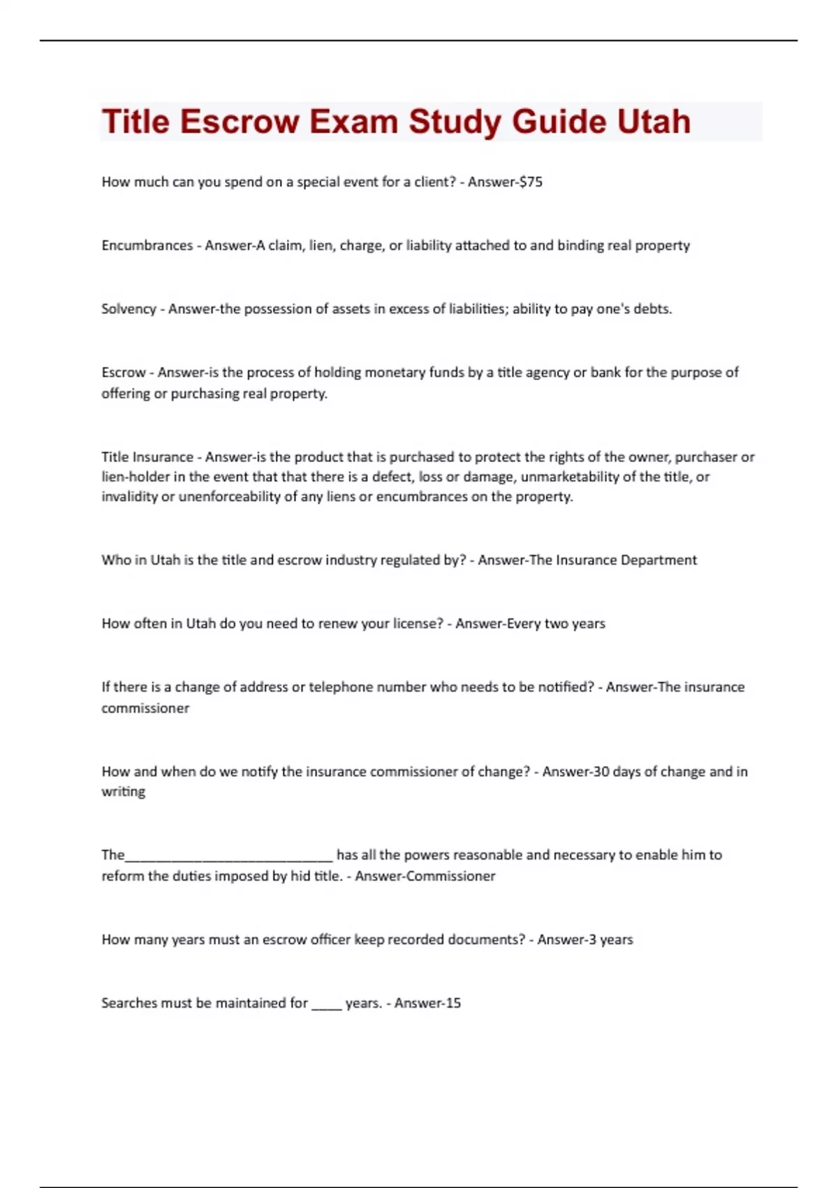 Title Escrow Exam Study Guide Utah with Questions and Answers 100% ...