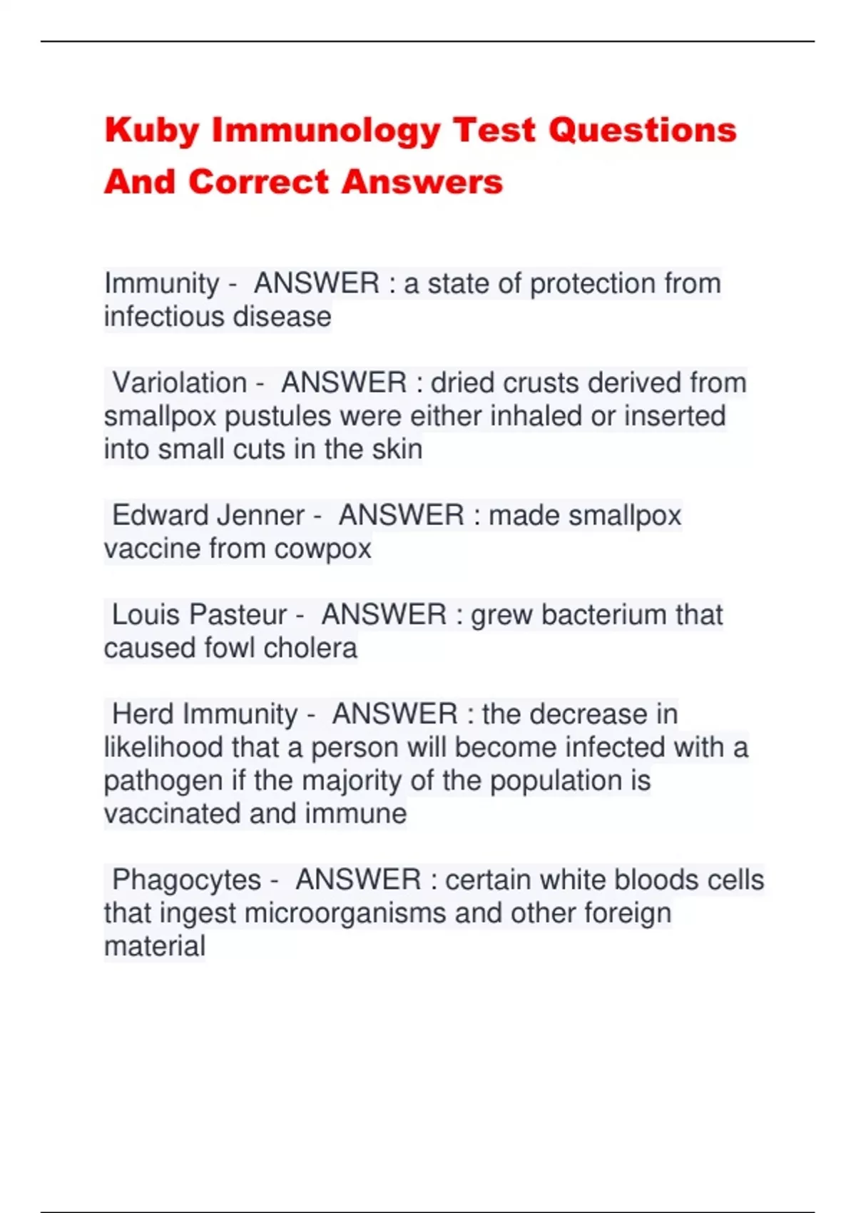 Kuby Immunology Test Questions And Correct Answers - KUBY IMMUNOLOGY ...