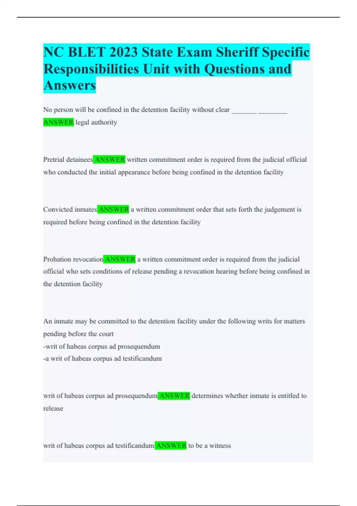 NC BLET 2023 State Exam Sheriff Specific Responsibilities Unit with ...