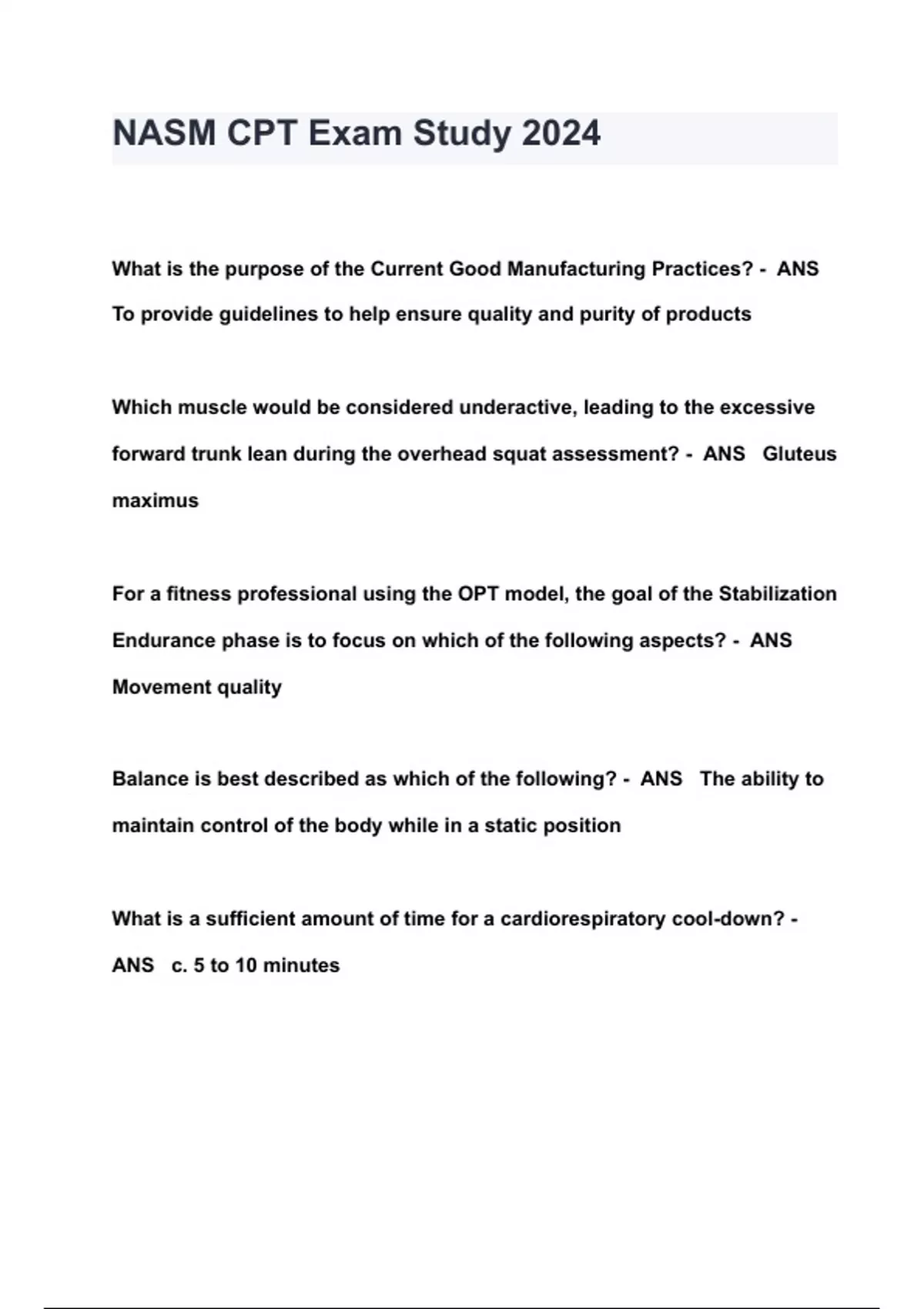 NASM CPT Exam Study 2024 QUESTIONS & ANSWERS ( A+ GRADED 100% VERIFIED ...