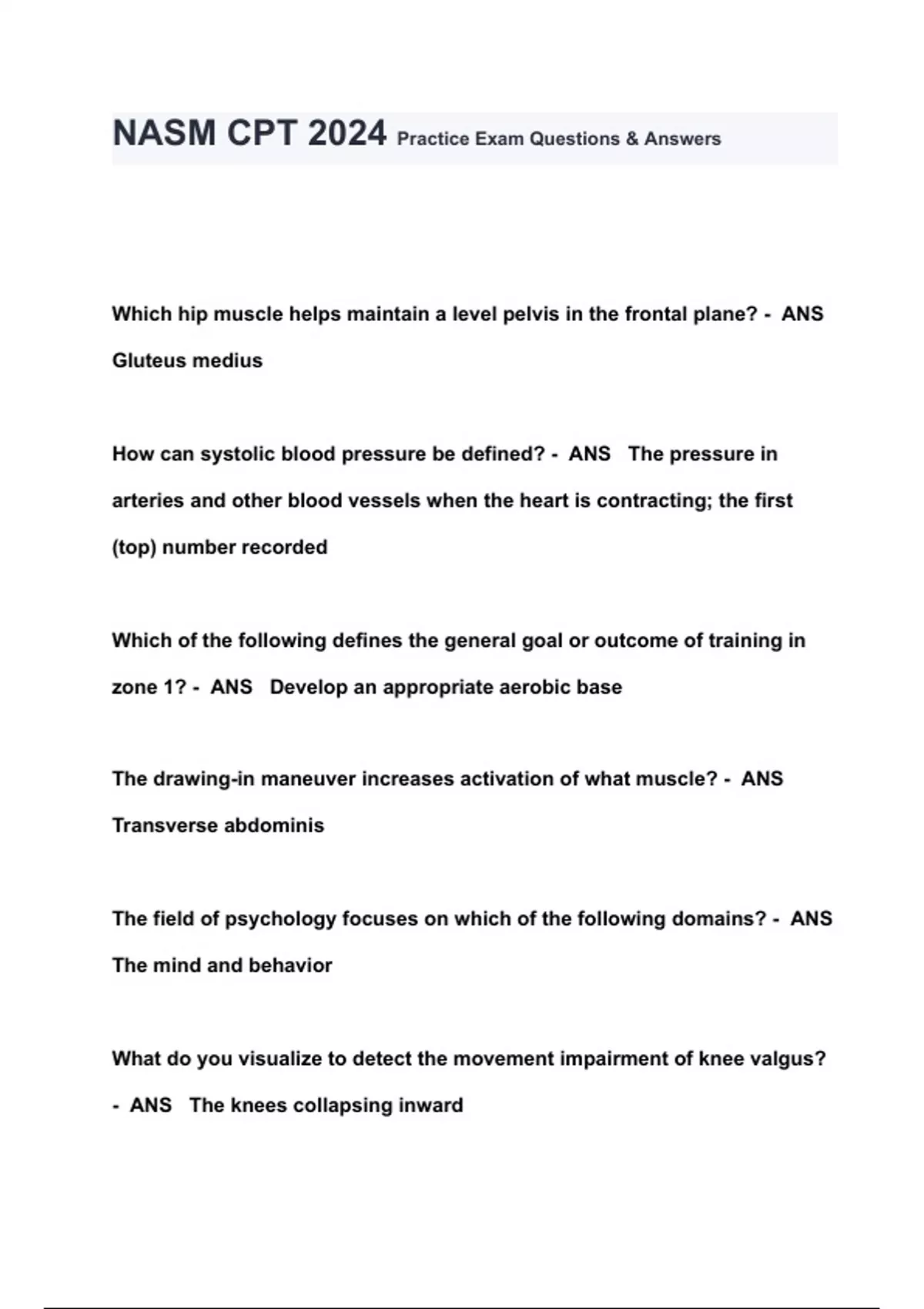 NASM CPT 2024 Practice Exam Questions & Answers ( A+ GRADED 100% VERIFIED) - Nasm cpt - Stuvia US