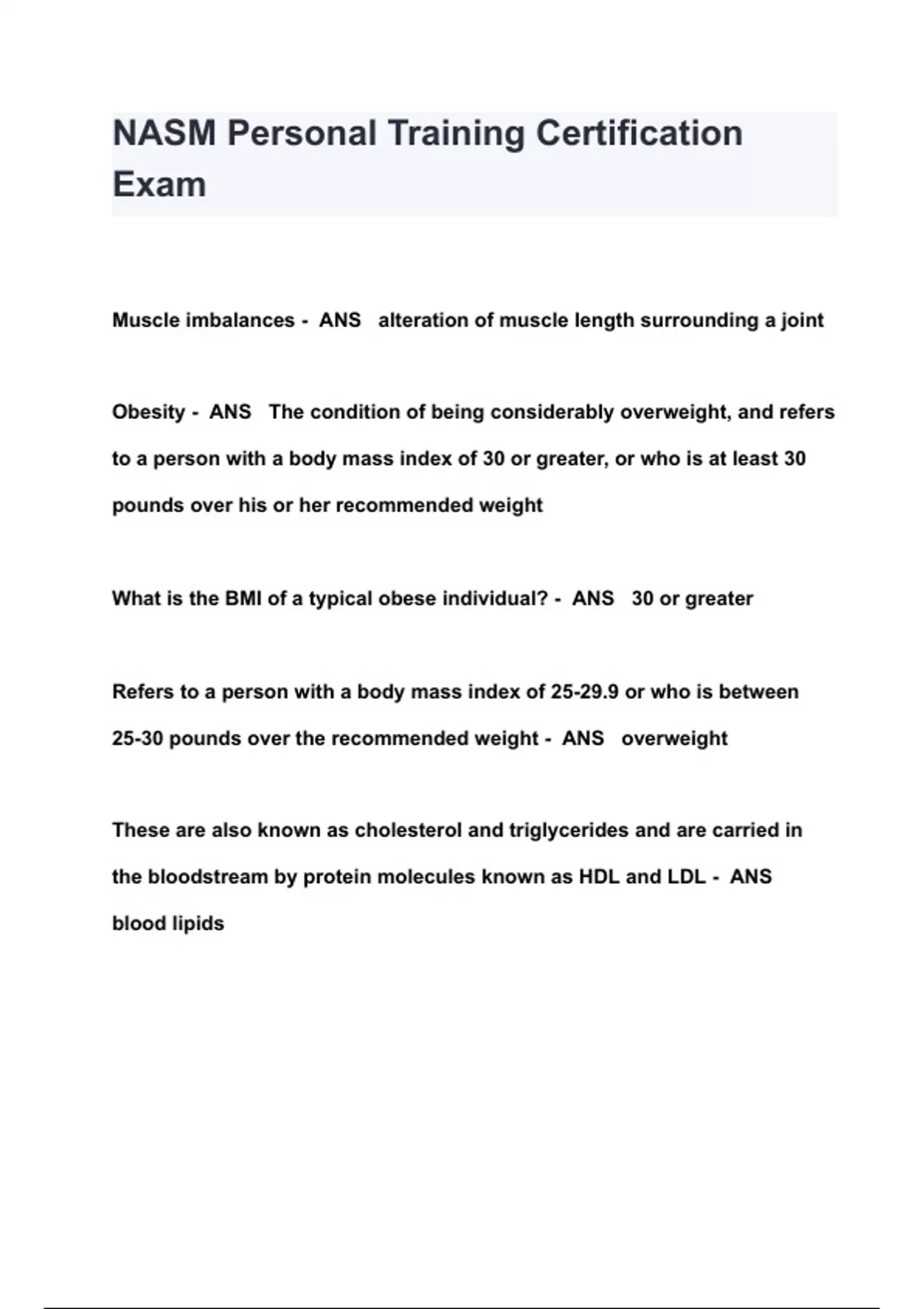 NASM Personal Training Certification Exam questions & answers 2024 ( A+ ...