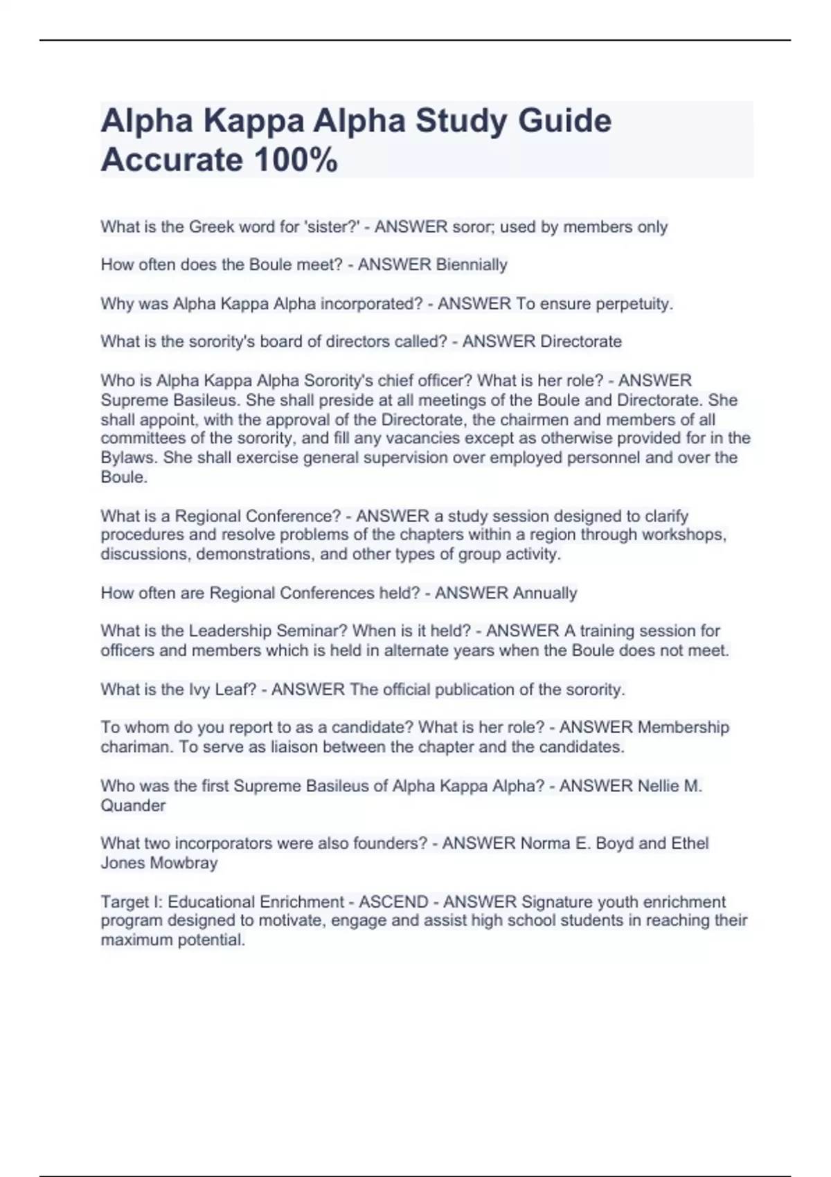 Alpha Kappa Alpha Correct Questions & Answers(2024 Latest Update ...