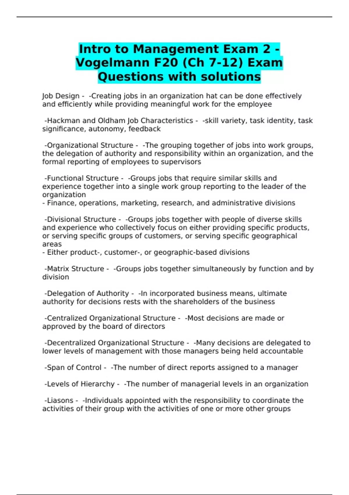 Intro to Management Exam 2 - Vogelmann F20 (Ch 7-12) Exam Questions with solutions - Intro to ...