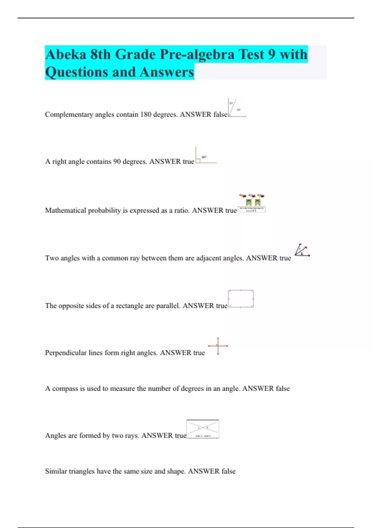 Abeka 8th Grade Pre-algebra Test 9 with Questions and Answers - Pre ...