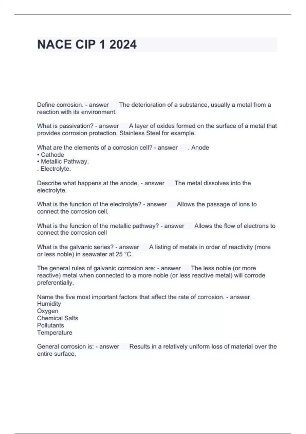 NACE CIP 1 2024 QUESTIONS WITH SOLUTIONS 2024 - NACE CIP Level 1 ...