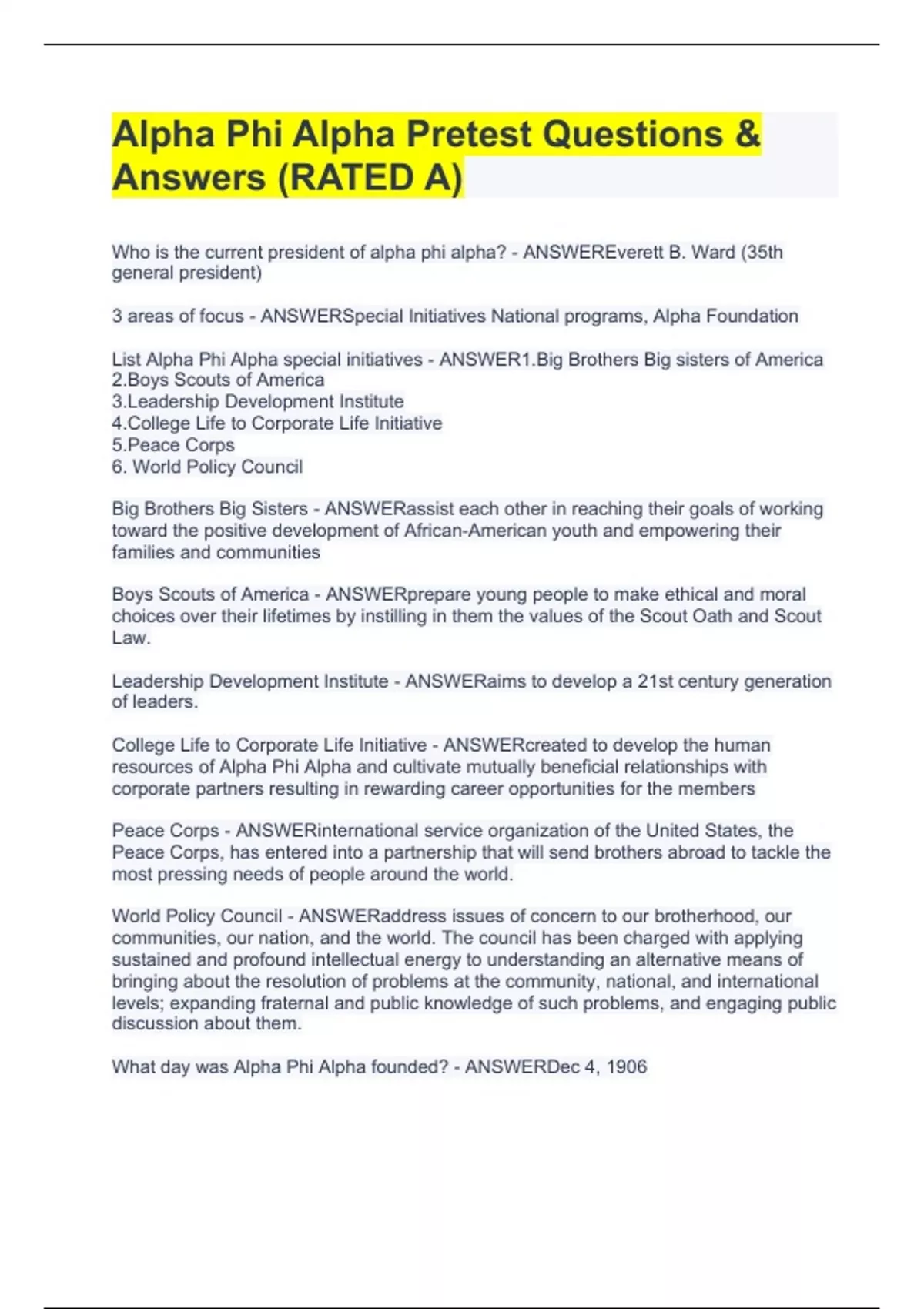 Alpha Phi Alpha Pretest Questions & Answers (RATED A) - Alpha Phi Alpha ...
