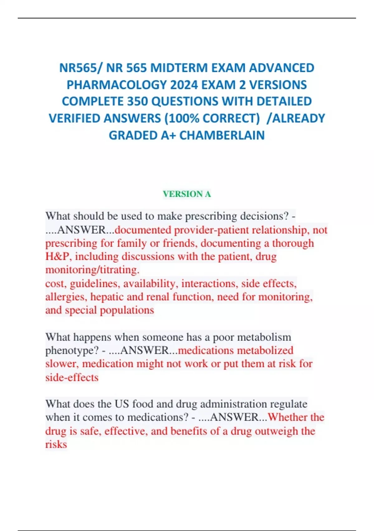 NR565/ NR 565 MIDTERM EXAM ADVANCED PHARMACOLOGY 2024 EXAM 2 VERSIONS COMPLETE 350 QUESTIONS ...