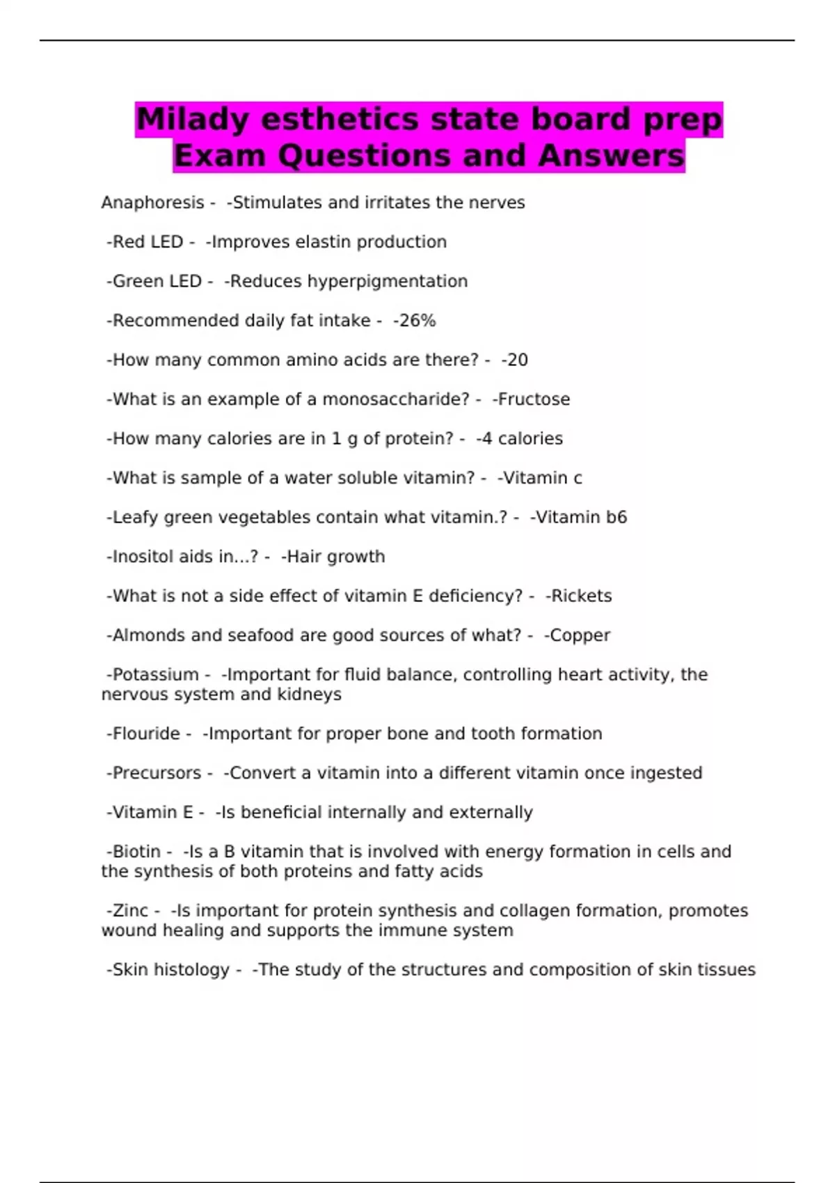 Milady esthetics state board prep Exam Questions and Answers - Milady ...