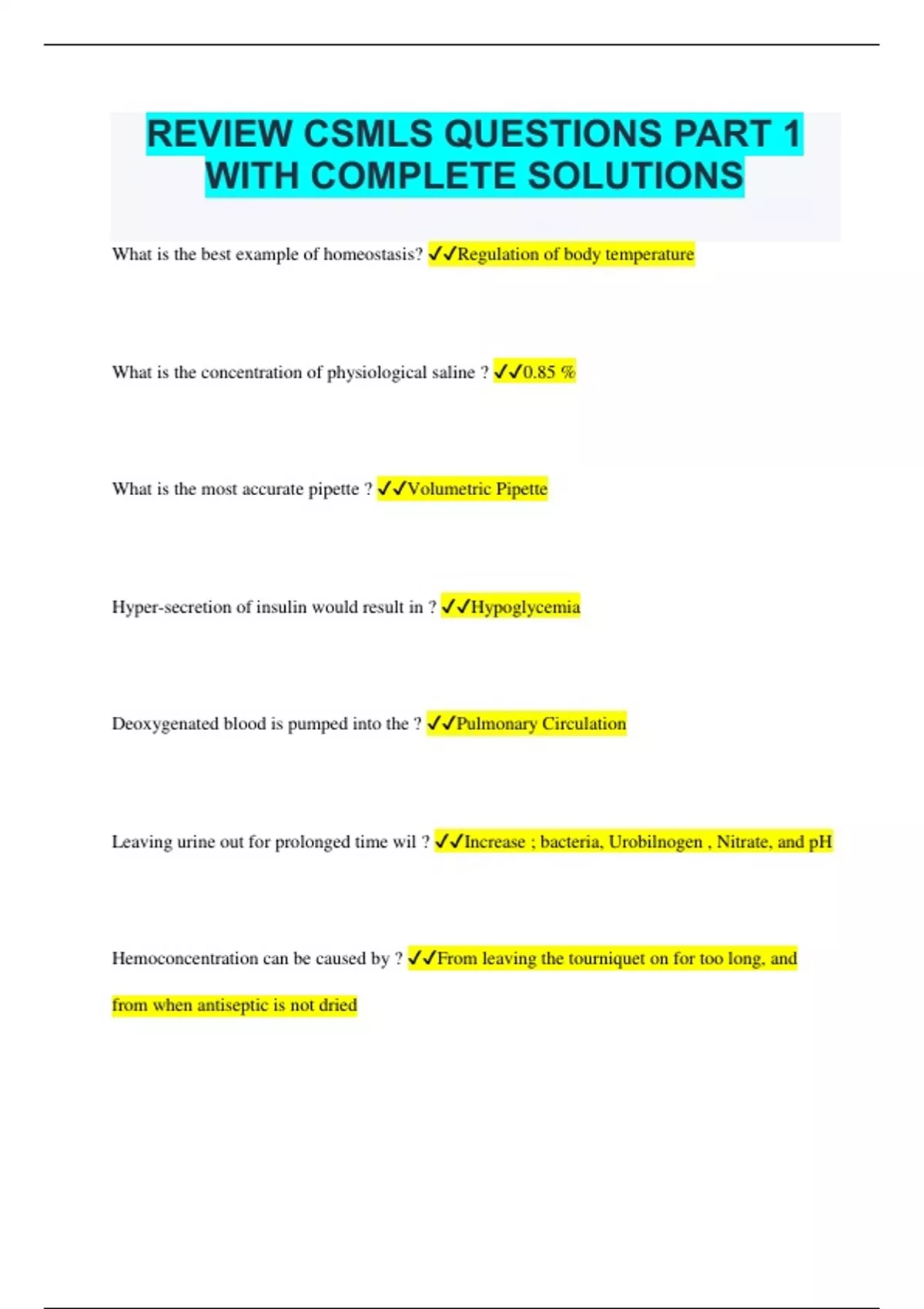 REVIEW CSMLS QUESTIONS PART 1 WITH COMPLETE SOLUTIONS - CSMLS - Stuvia US