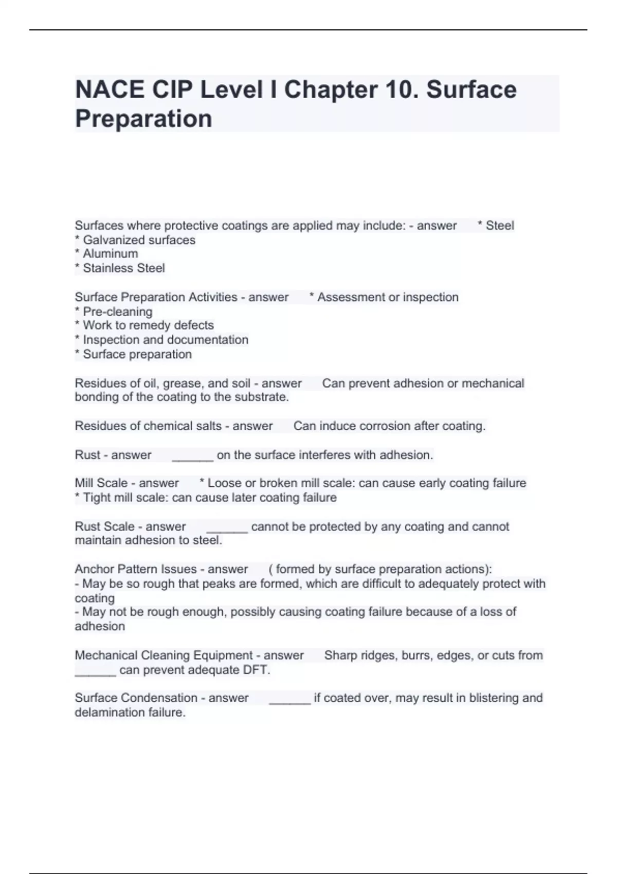 NACE CIP Level I Chapter 10. Surface Preparation Questions with correct ...
