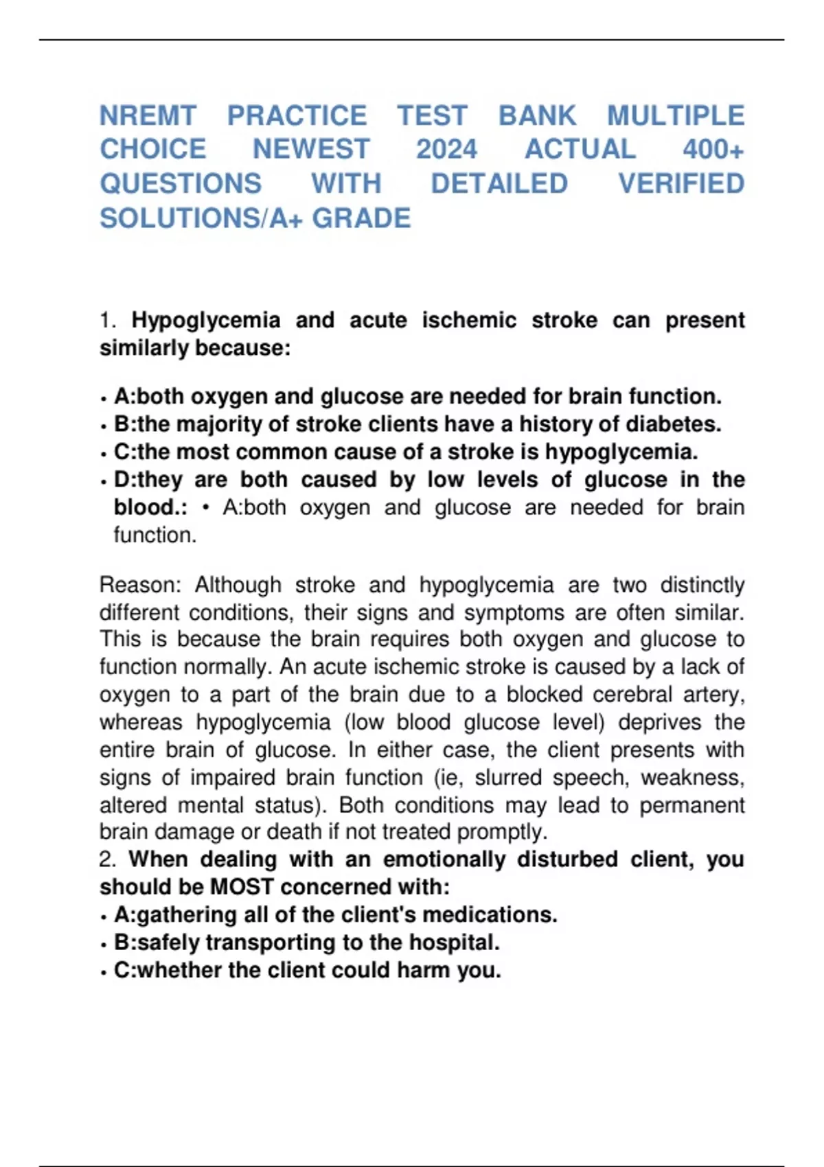 NREMT PRACTICE TEST BANK MULTIPLE CHOICE NEWEST 2024 ACTUAL 400 ...