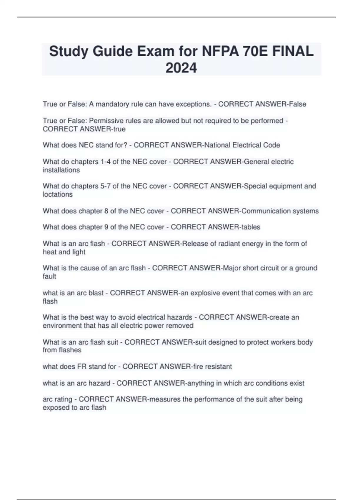 Study Guide Exam for NFPA 70E FINAL 2024 - NFPA 70E - Stuvia US