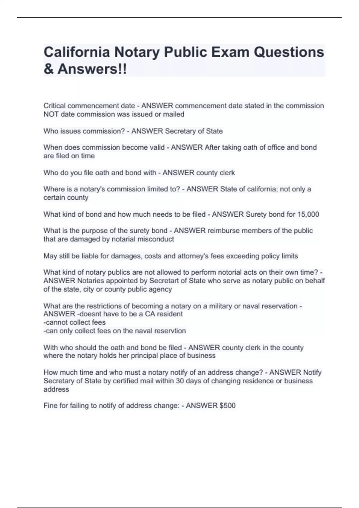 California Notary Public Practice Exam -Multiple Choice Accurate 100 ...