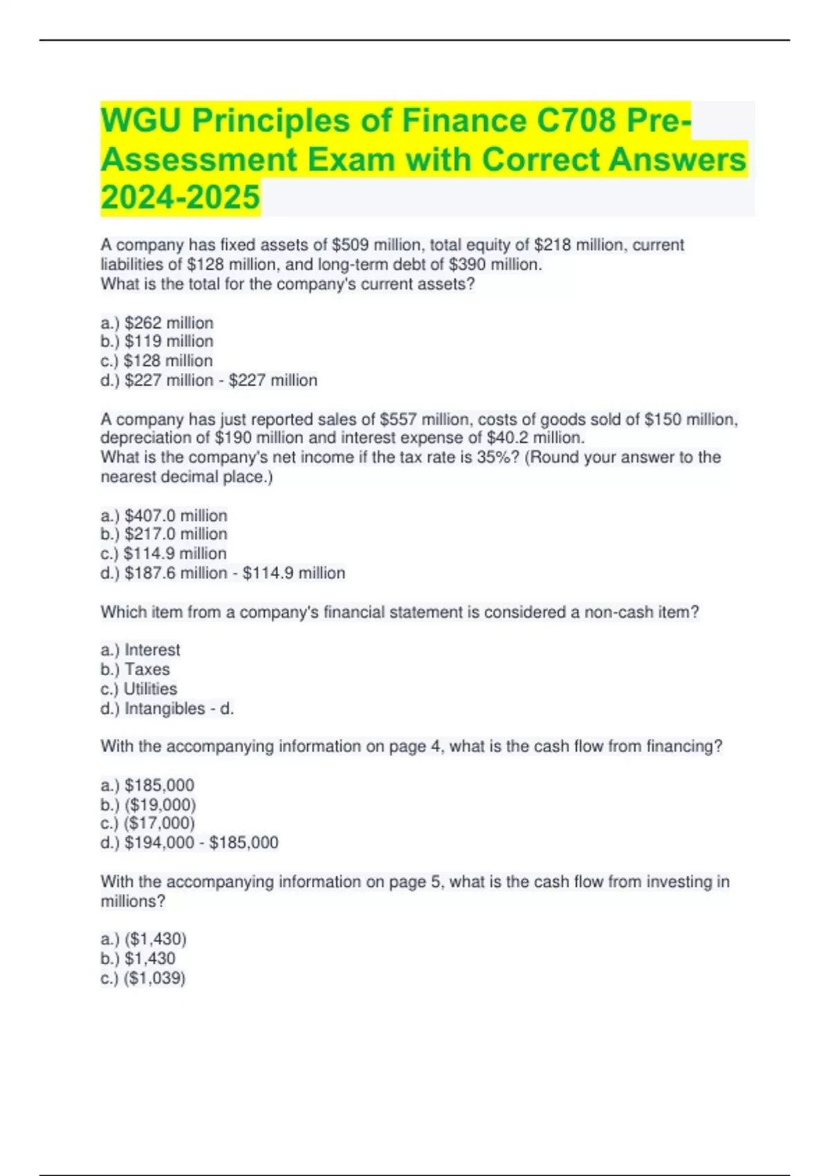 WGU Principles of Finance C708 Pre-Assessment Exam with Correct Answers ...