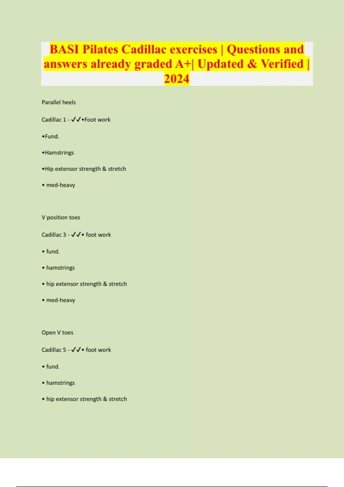 BASI Pilates Cadillac exercises | Questions and answers already graded ...