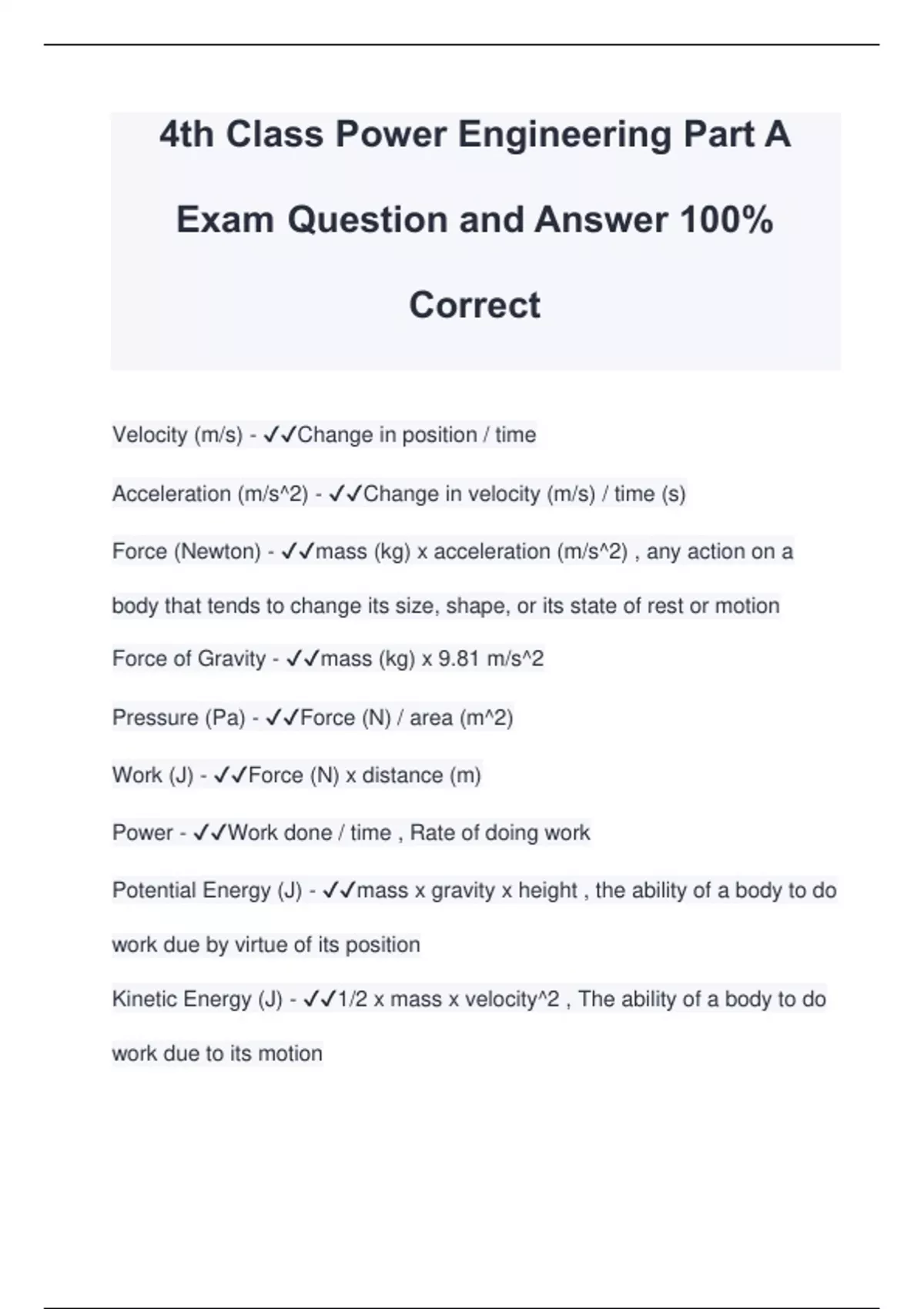 4th Class Power Engineering Part A Exam Question and Answer 100% ...