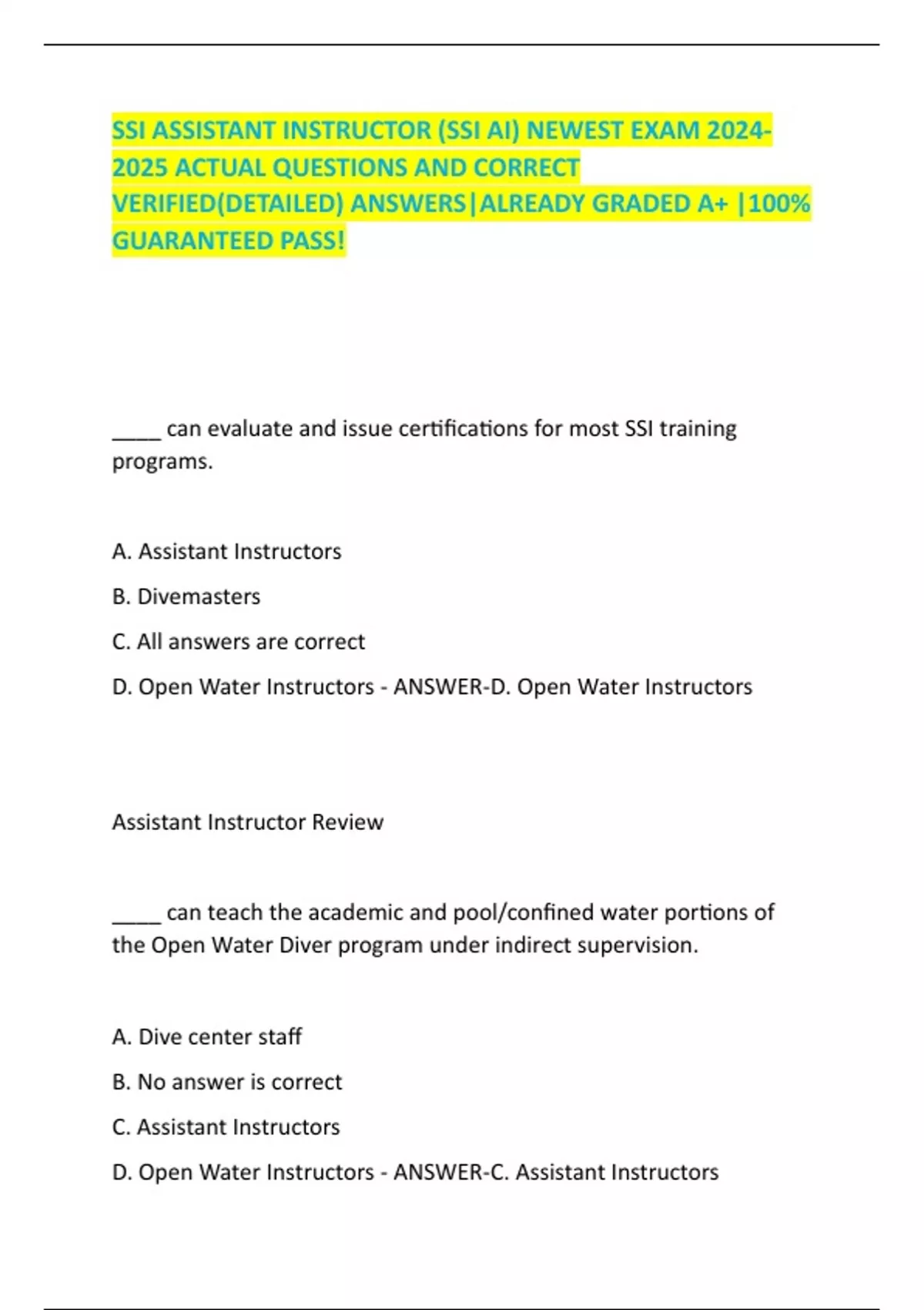 SSI ASSISTANT INSTRUCTOR (SSI AI) NEWEST EXAM ACTUAL QUESTIONS AND ...