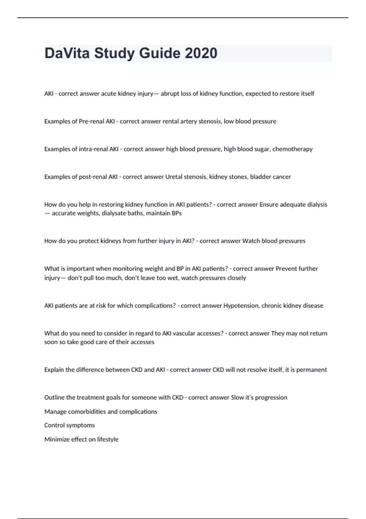 DaVita Study Guide 2020(updated)passed - Davita - Stuvia US